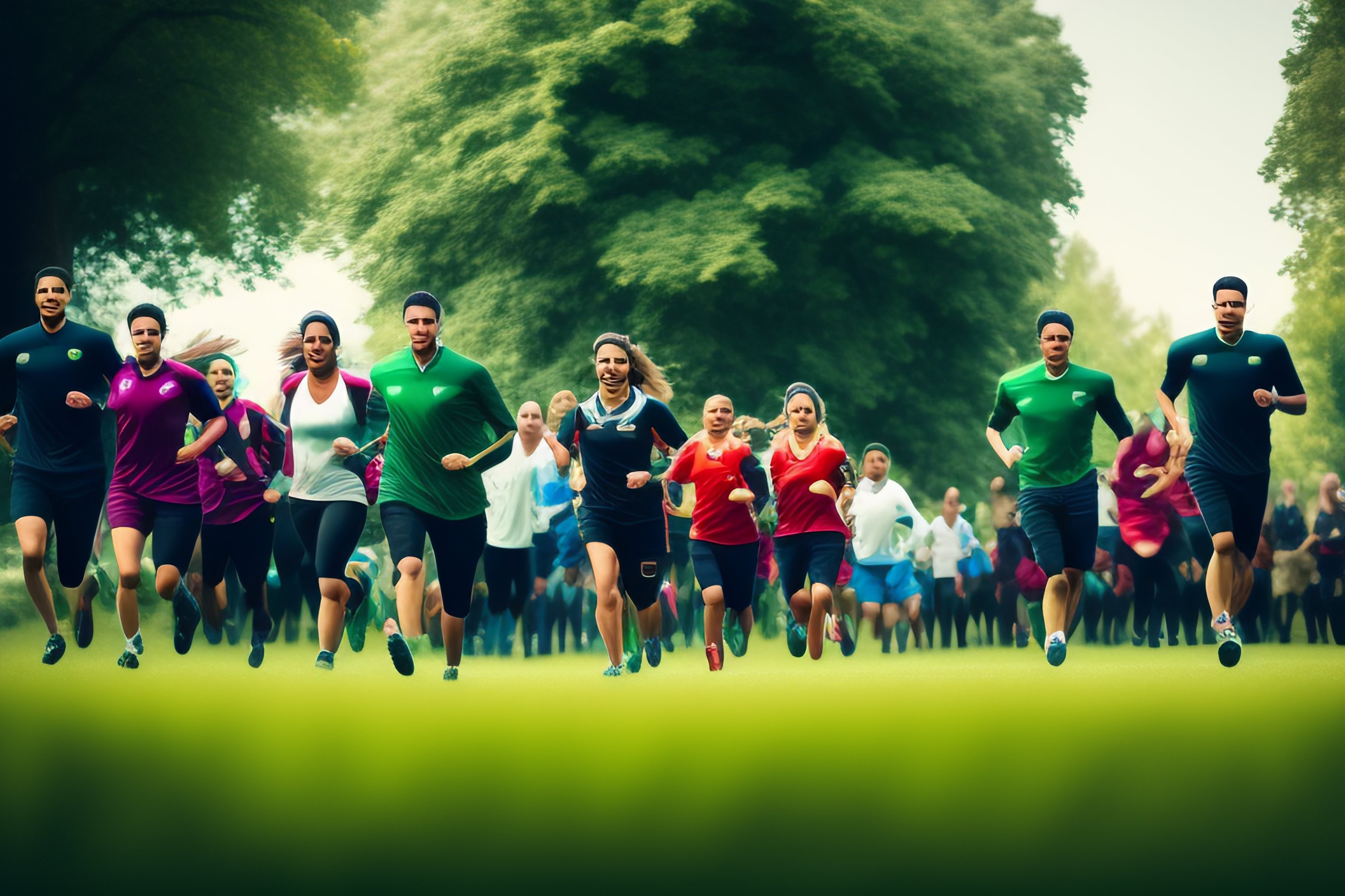 Lexica - Background full of people chasing, front view, green grass ...