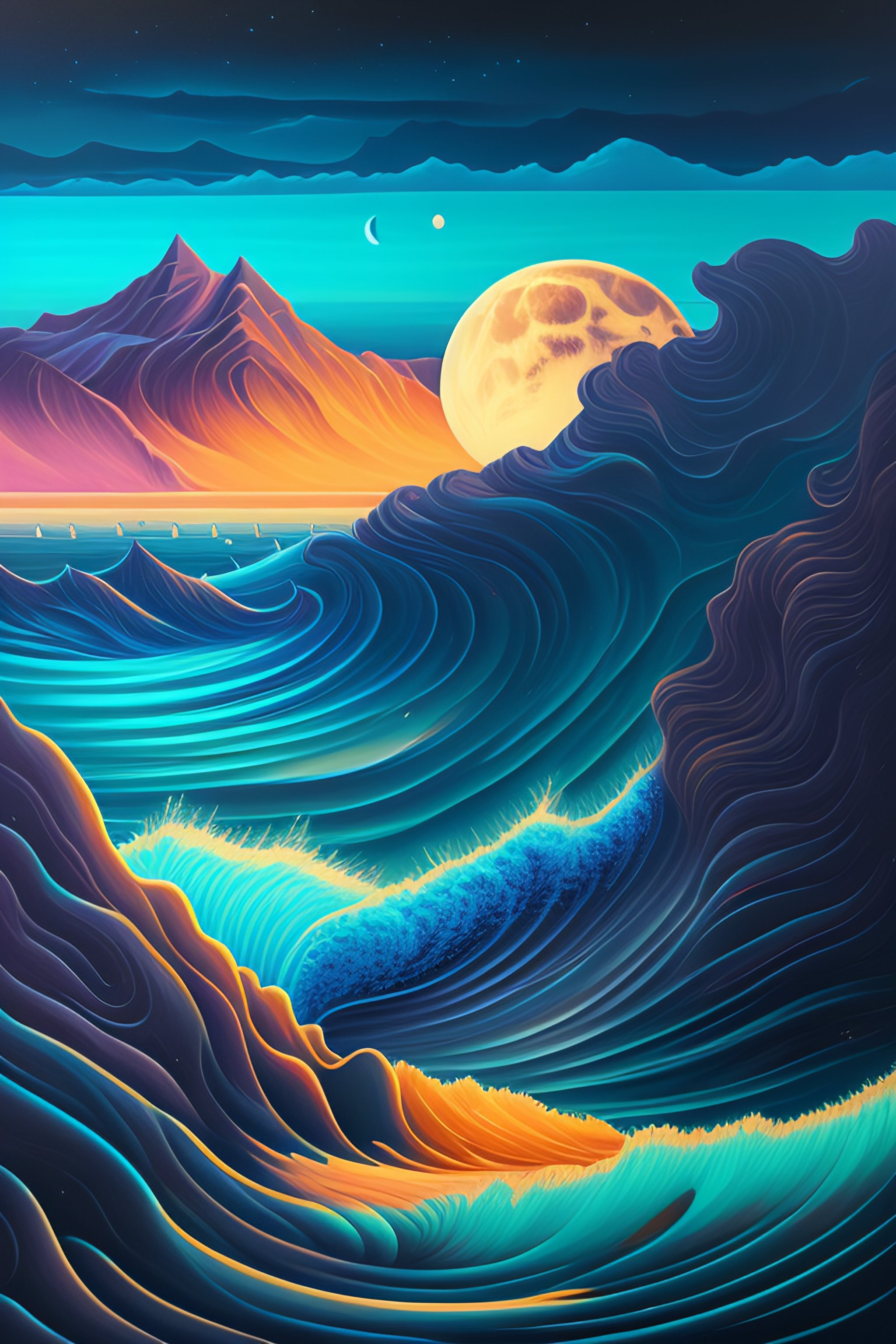 Lexica - Mountain, ocean, storms, moon, surreal by dan mumford and ...