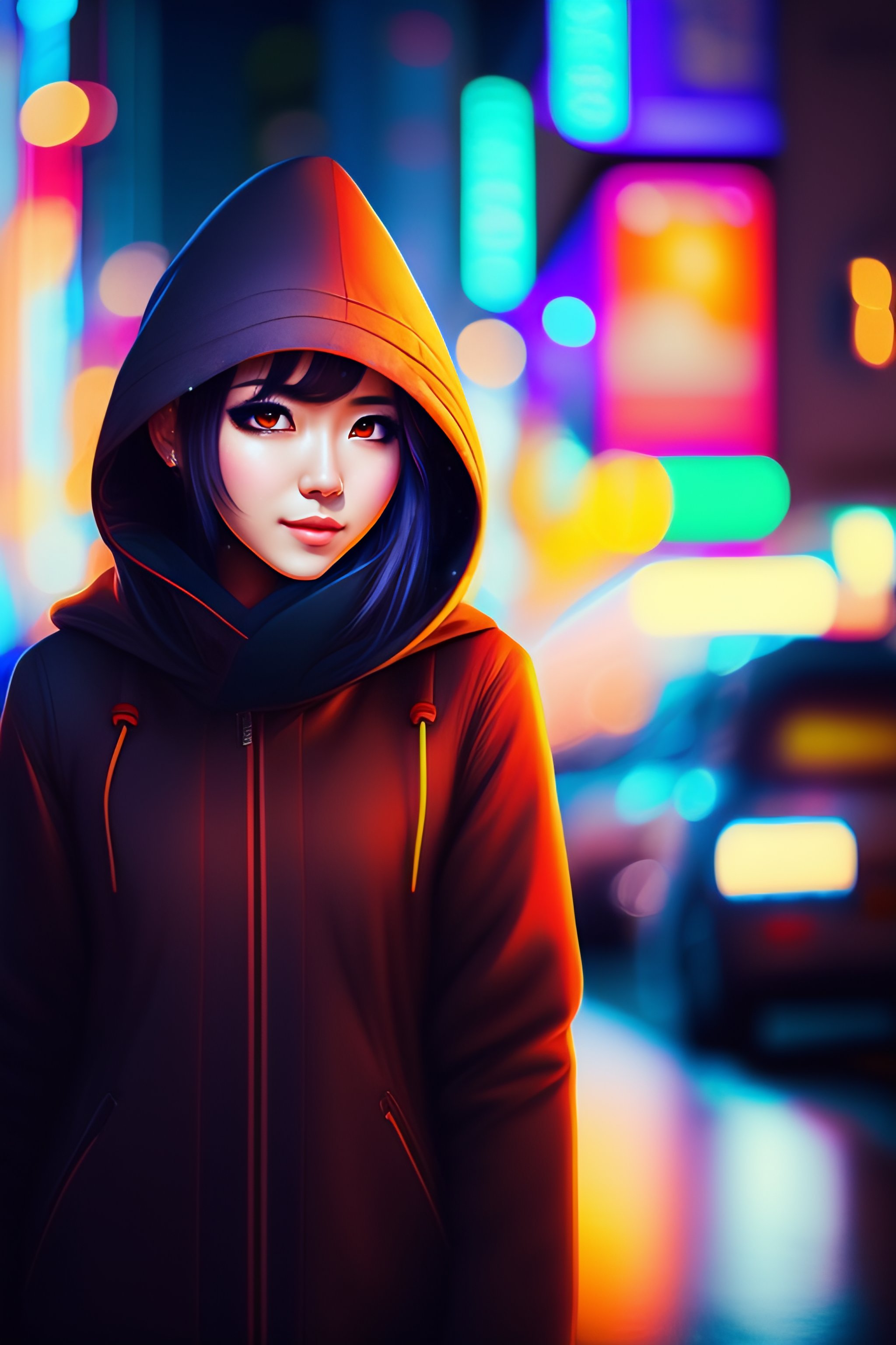 Lexica - Girl wearing a hood walking down the street, anime style ...