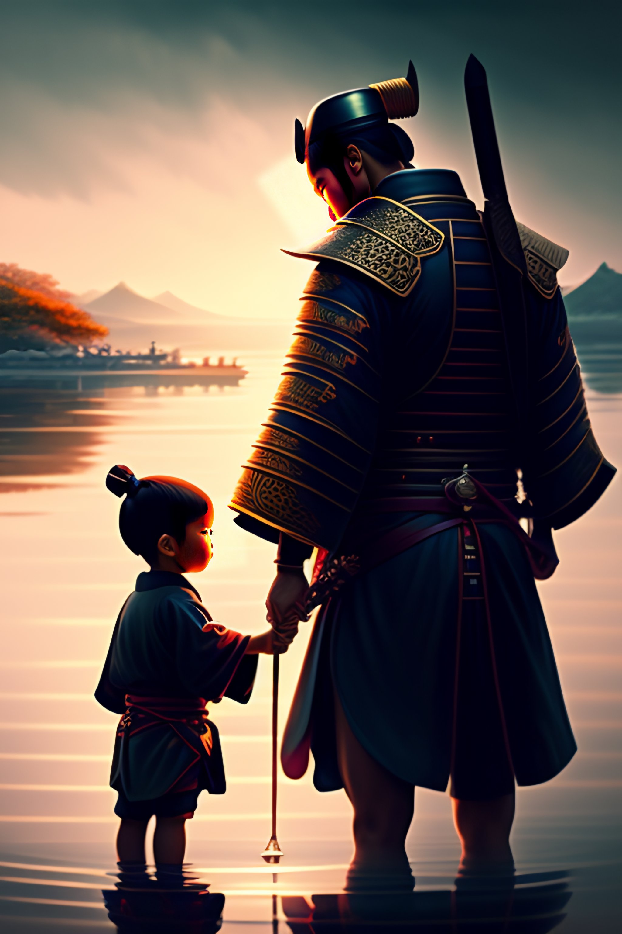 Lexica - A samurai holding hand of a little boy in in shallow water in ...