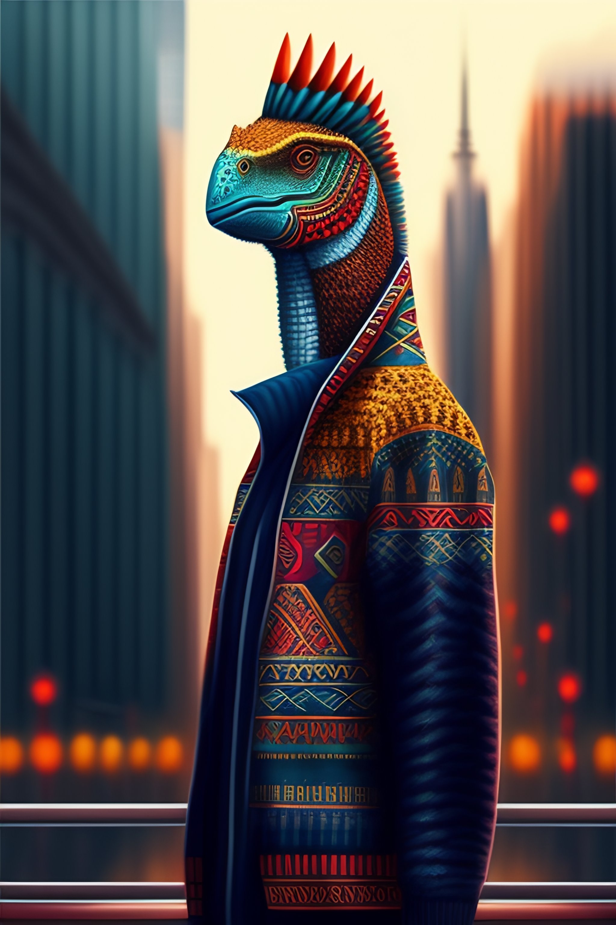 Lexica - Humanoid feathered dionsaur, long neck, aztec clothes, modern ...