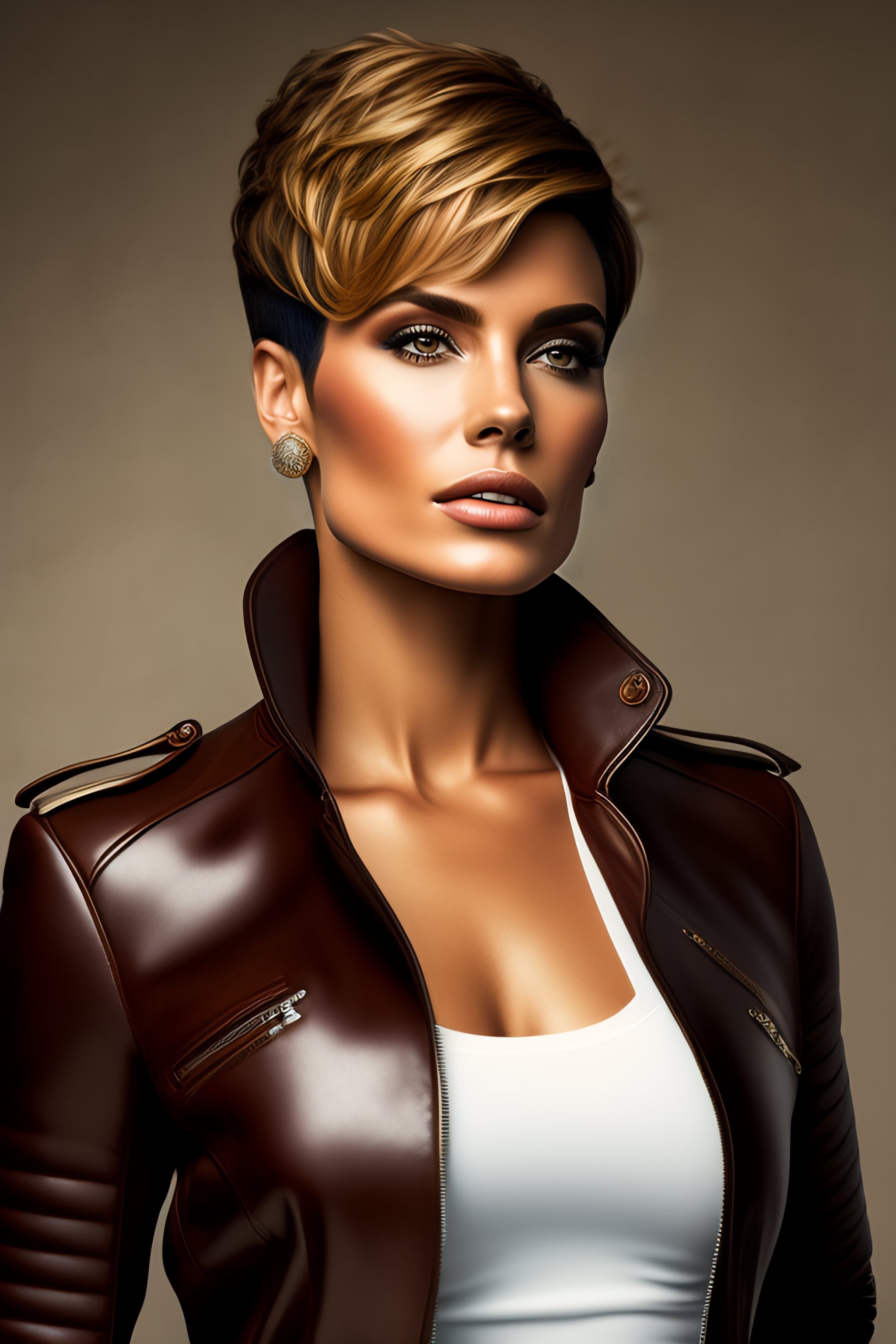 Lexica - Beautiful woman in brown leather pilot jacket, very short hair ...