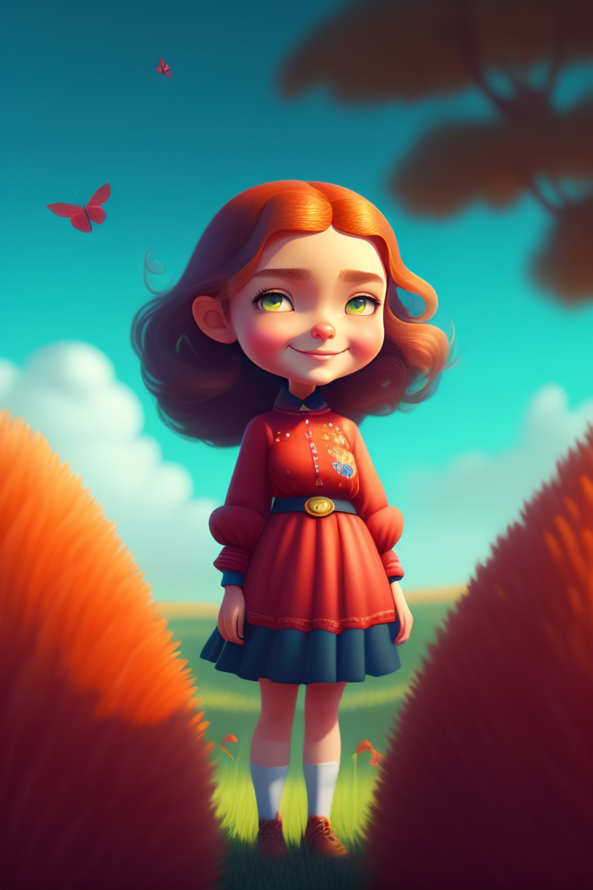 Lexica - View of gorgeous meadow with happy girl in red, animation ...