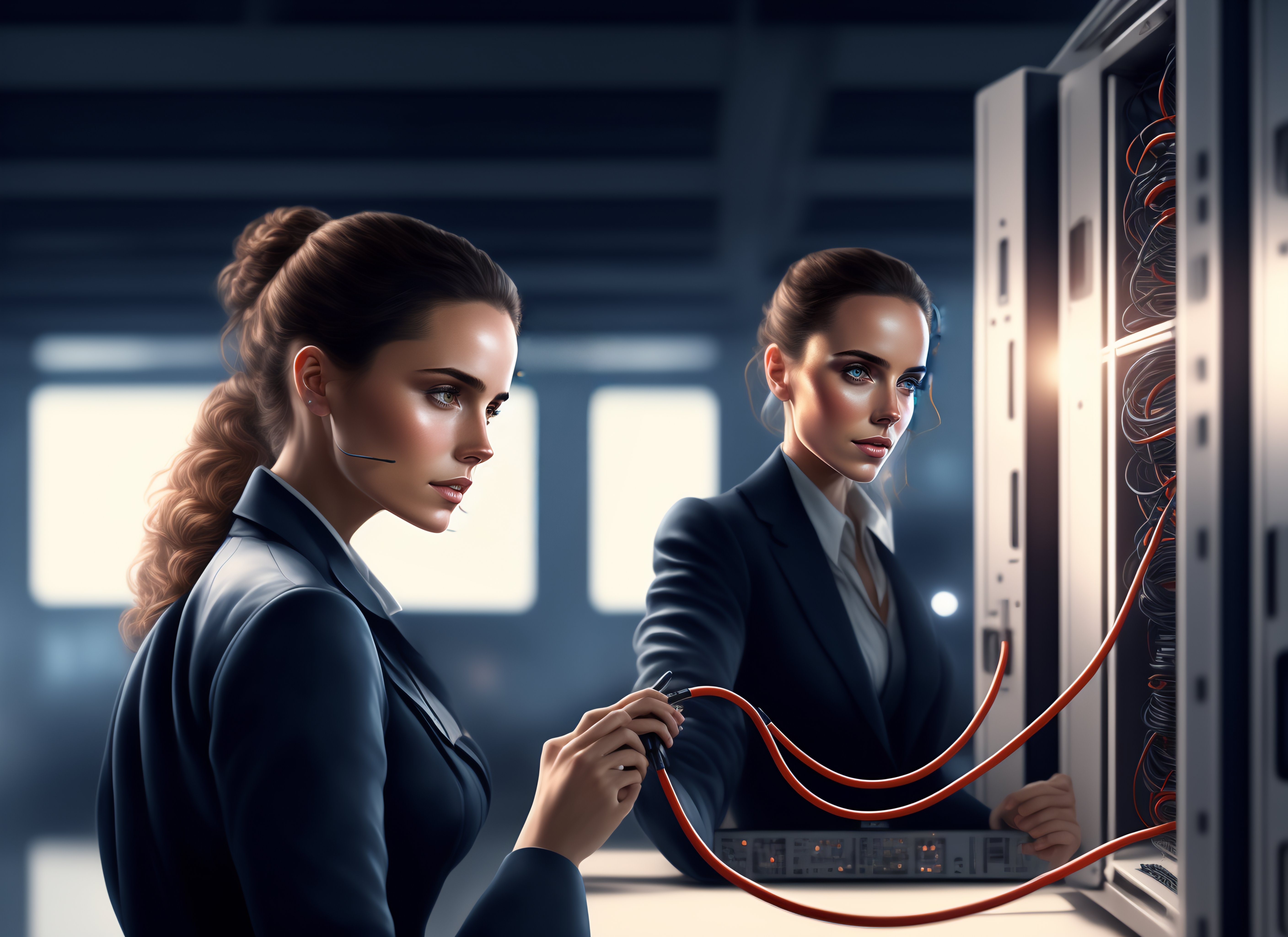 Lexica - Illustration an it guy who is plugging a girl through cables ...