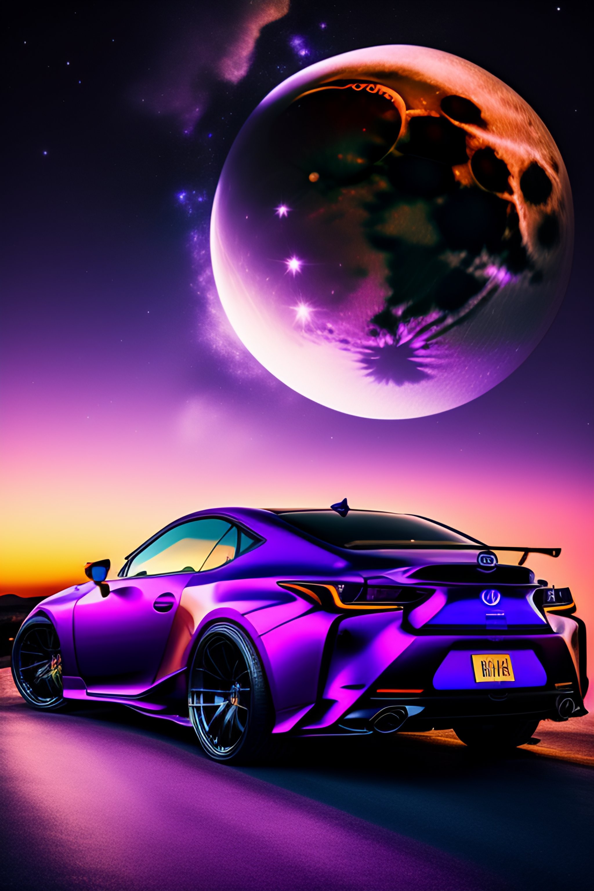 Lexica - Purple Lexus coupe fire in the background in space Huge Moon