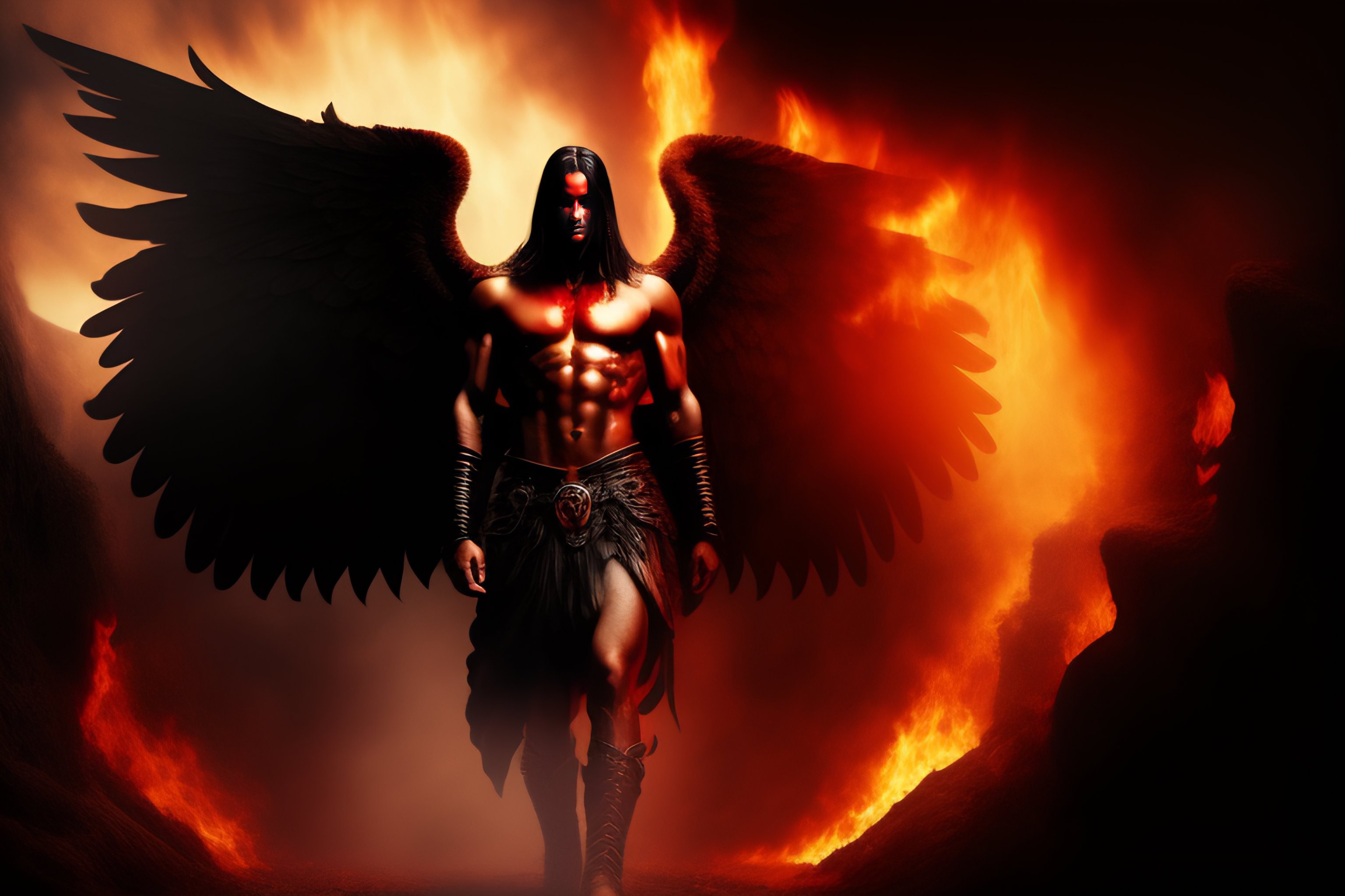 Lexica - Realistic Fallen Angel in hell. the face is like satan's red ...