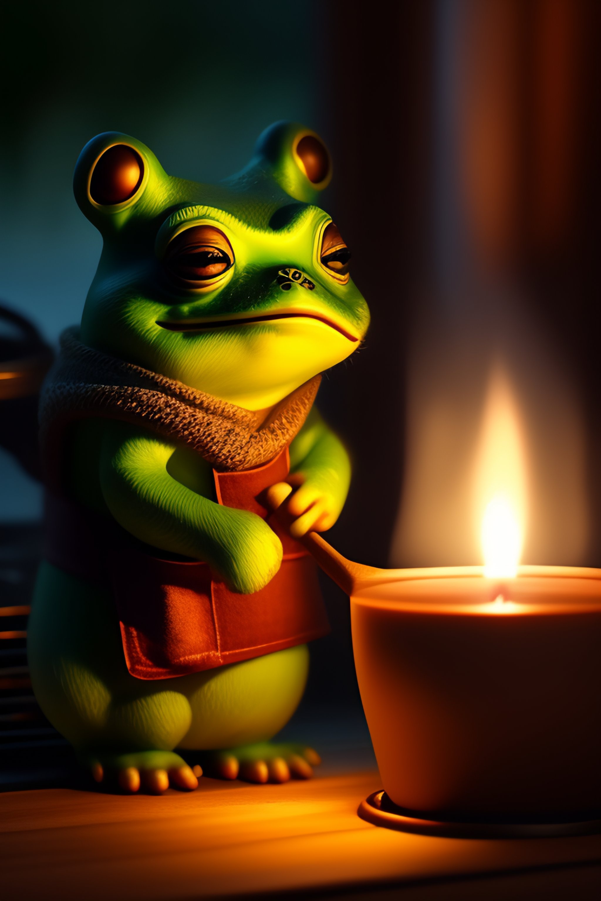 Lexica - An exhausted pepe the frog cooking with an apron on cozy ...