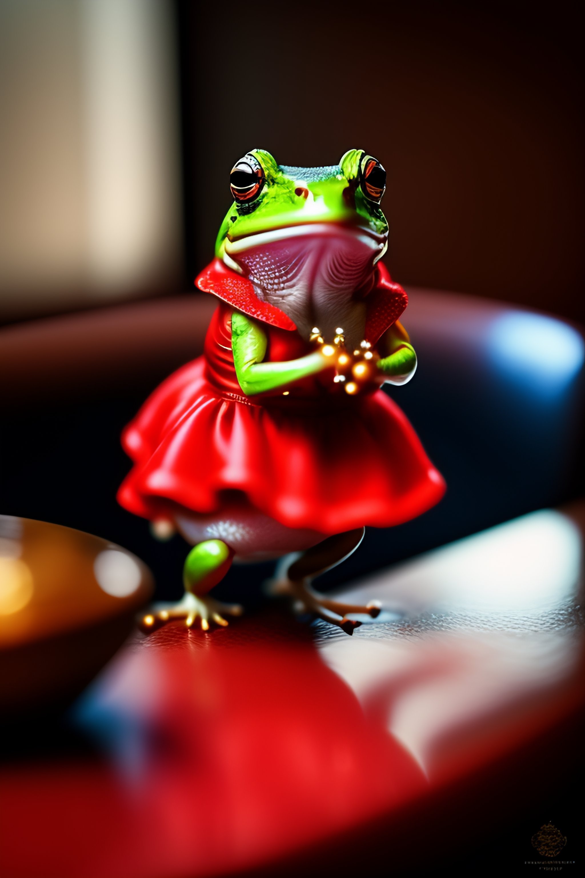 Lexica - Frog is dancing on the table in red dress