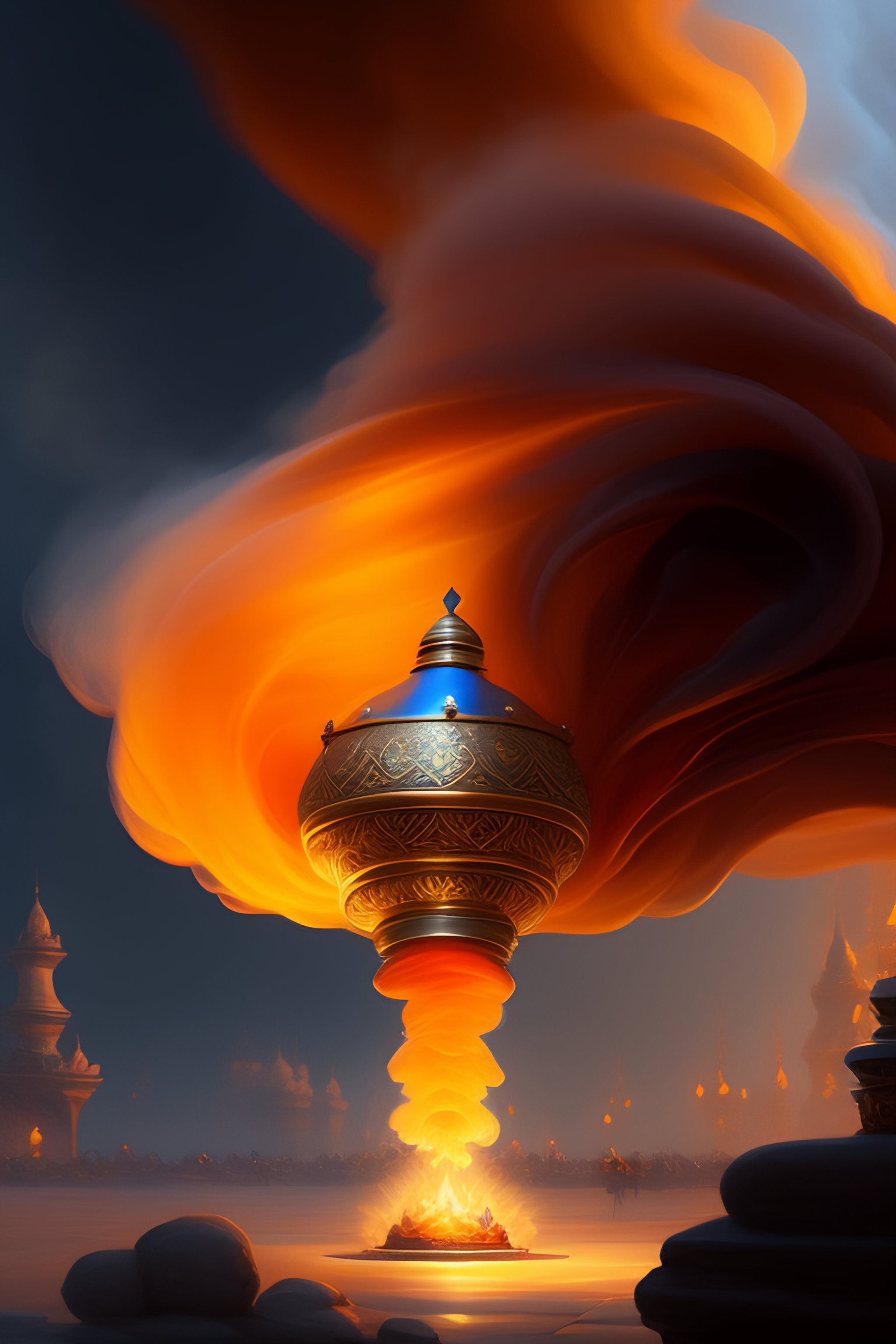 Lexica - A magic lamp from which a genie emerges, powerful genie in a ...