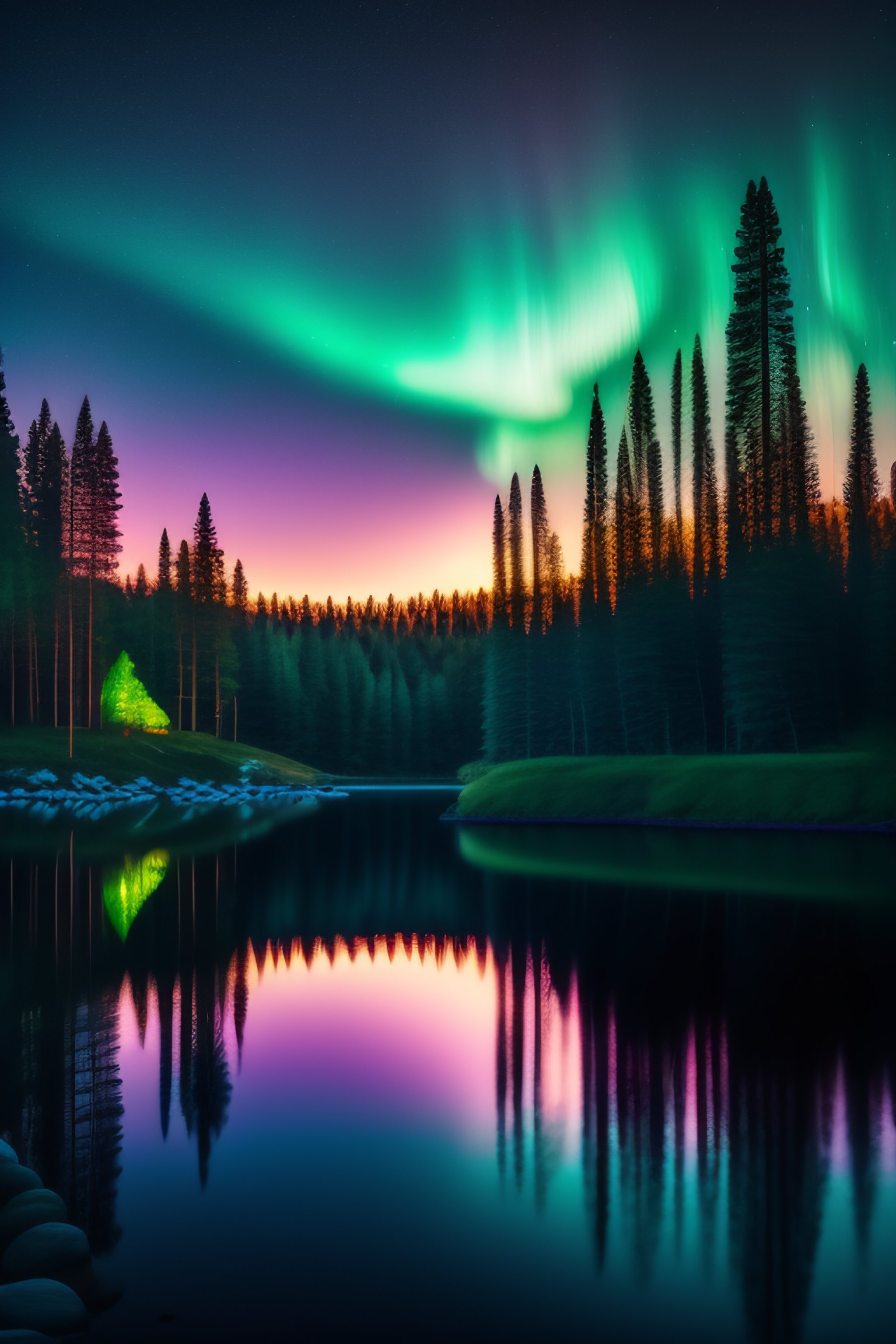 Lexica - Lake, cottage, night, lights coming from windows, northern ...