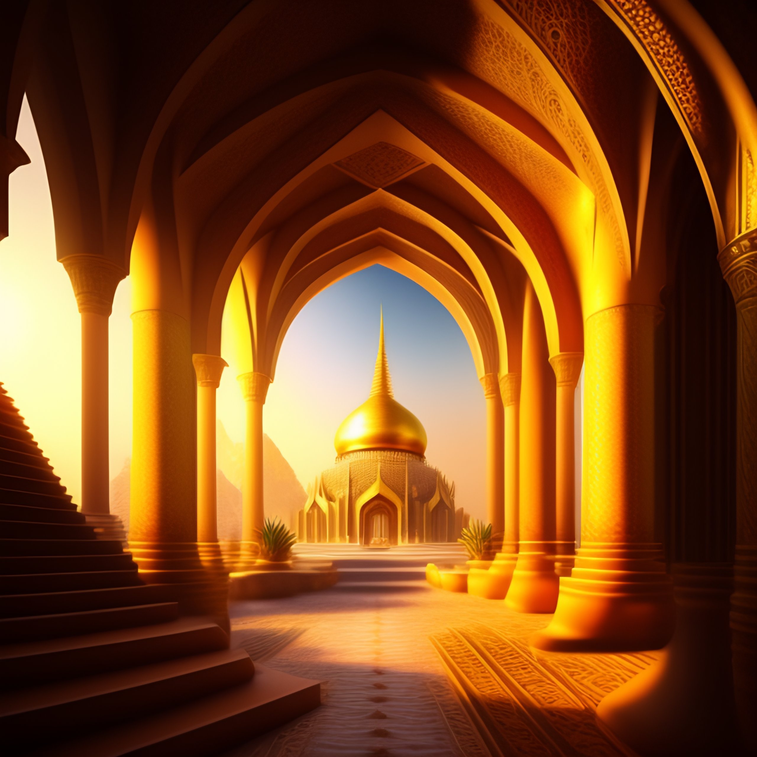 Lexica - Infinite golden city sunken under the sand, in a cave, arabic temples and towers coming ...
