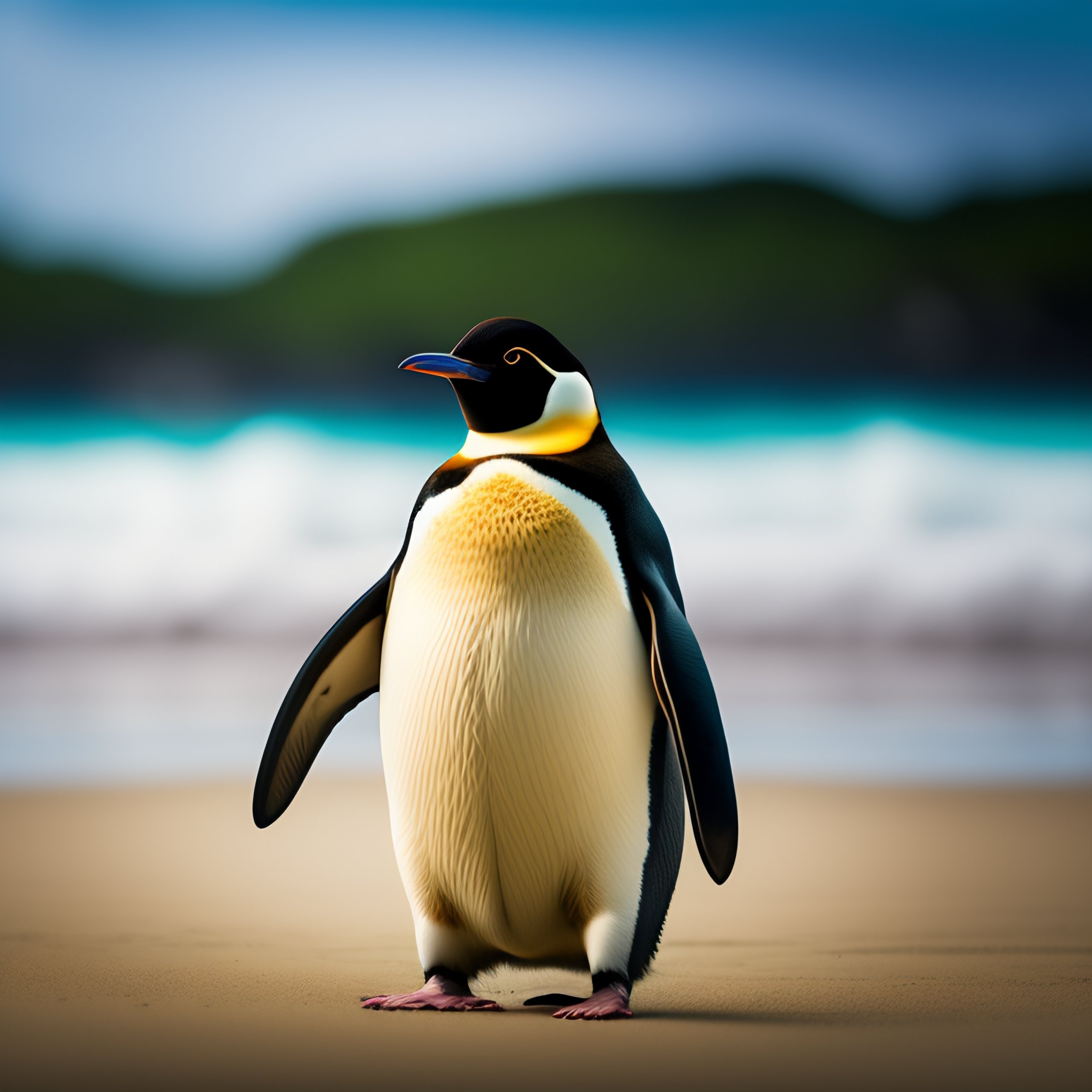 Lexica - Funny penguin on the jungle beach, professional photography ...