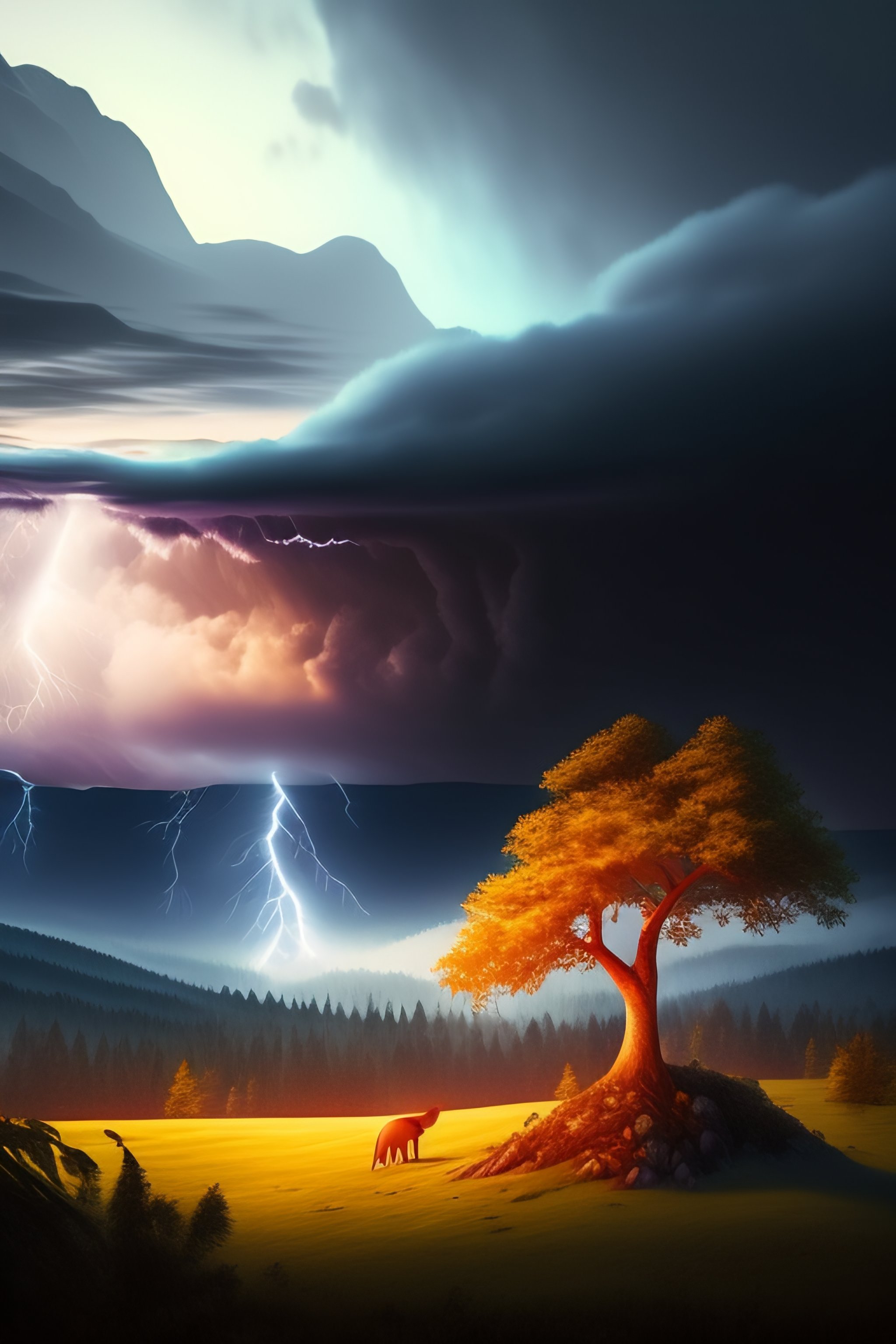 Lexica - Lightning strikes a tree on a hill. The dinosaurs run away ...