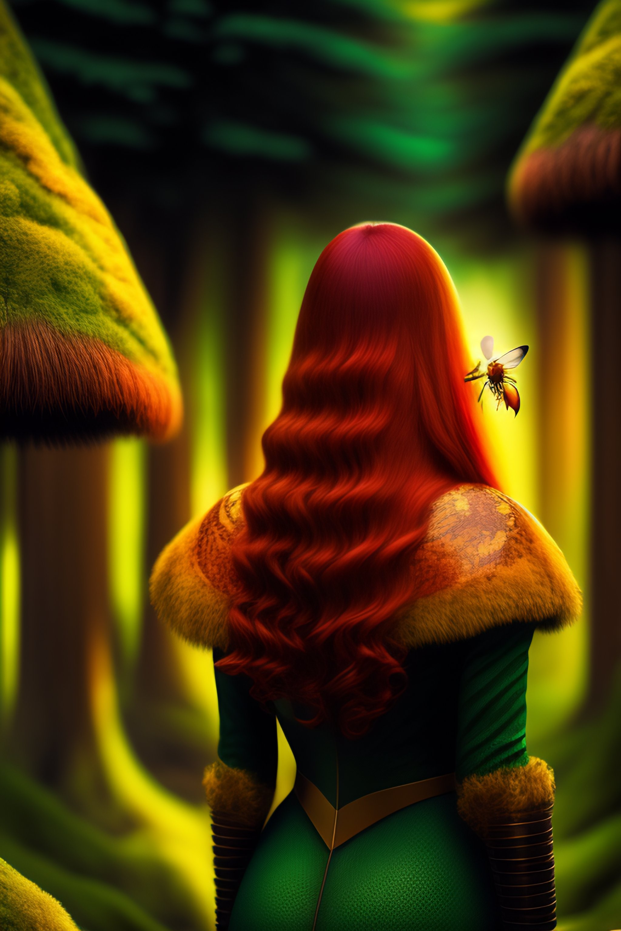 Lexica - Red hair woman with her back turned, with a bee on her shoulder, elegance, magic garden ...