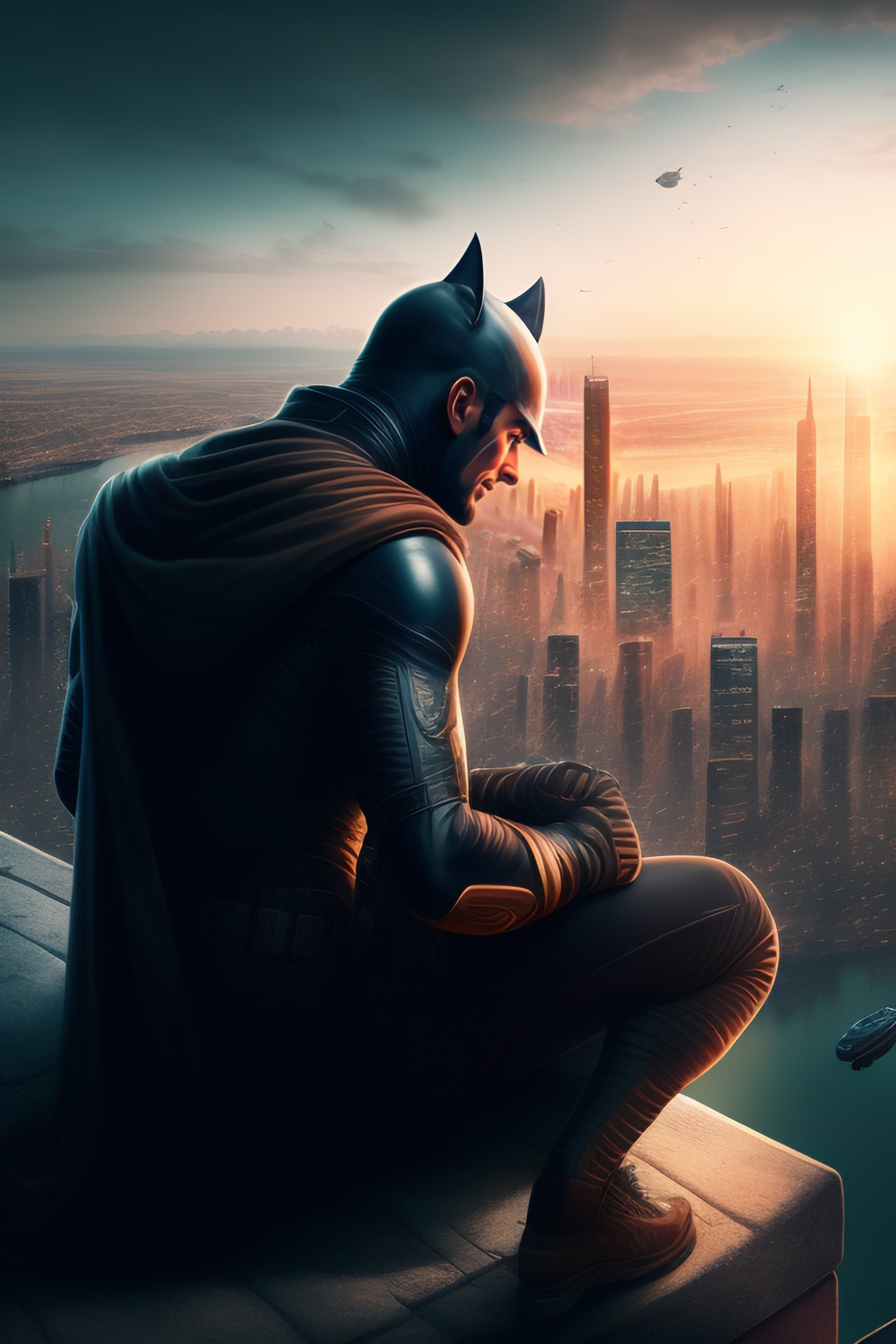 Lexica - Batman sitting on a roof looking down at a city below ...