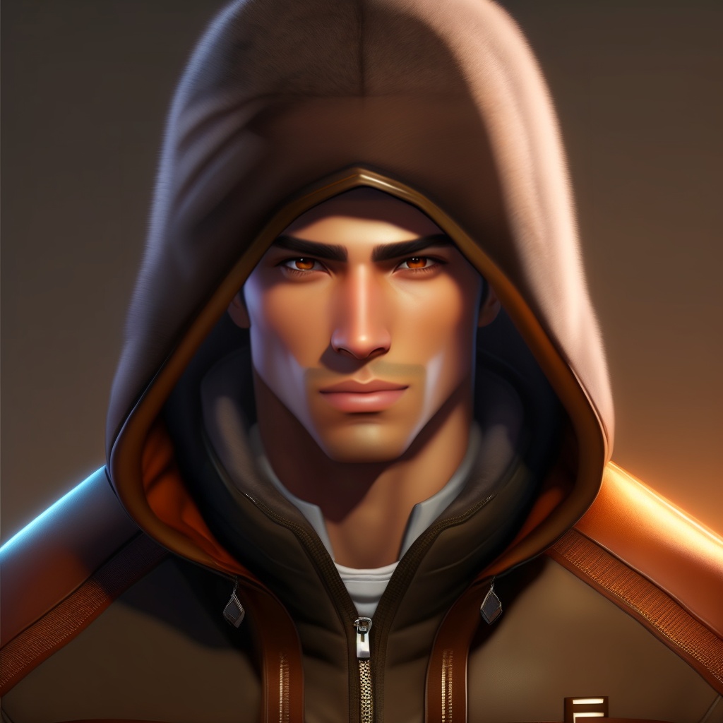 Lexica - Male character, tan skin, brown eyes, black hair, hooded,