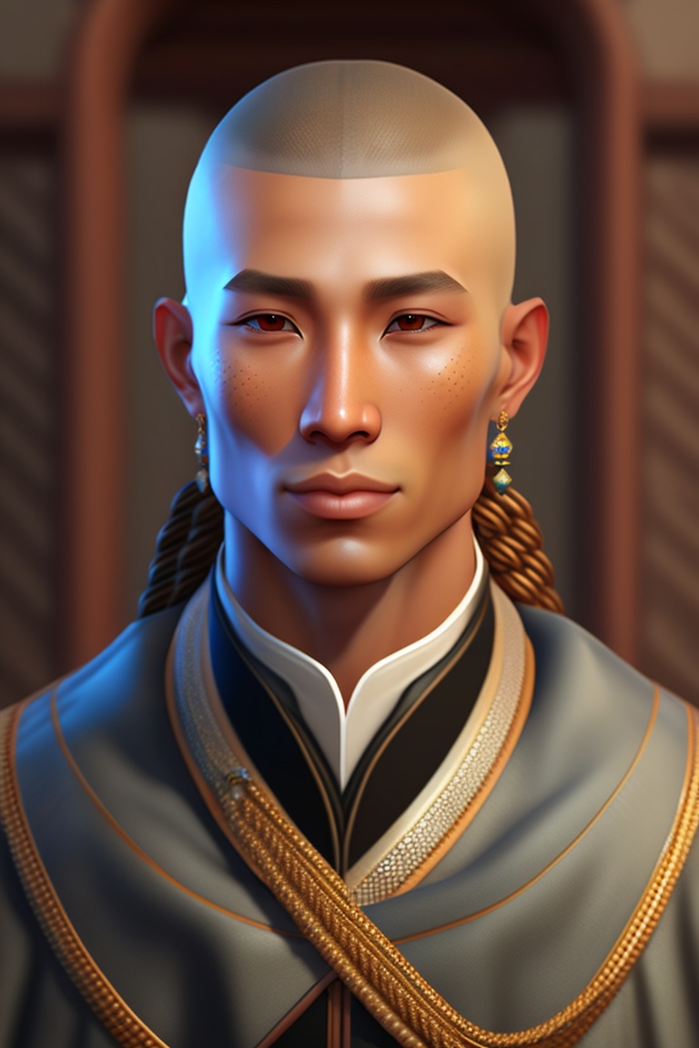 Lexica - Human male, monk, front face, shaved hair with one long braid ...
