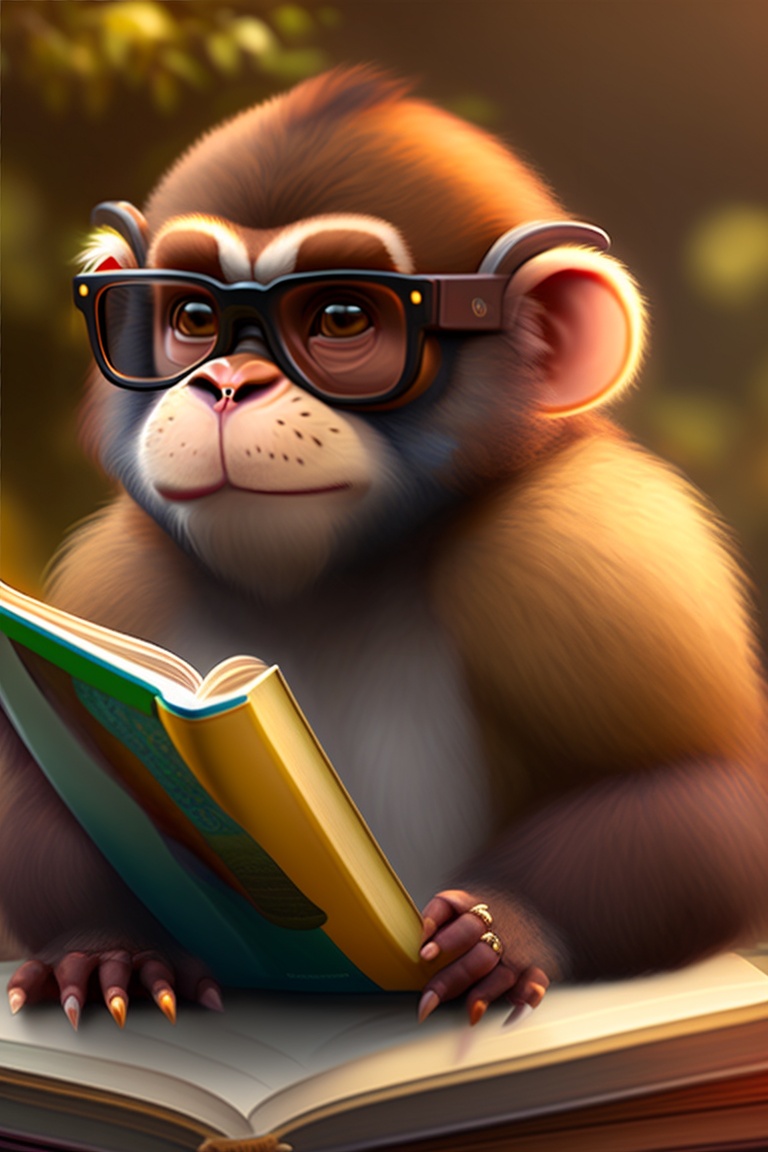 Lexica - A mean and grumpy monkey reading a book with glasses, digital art