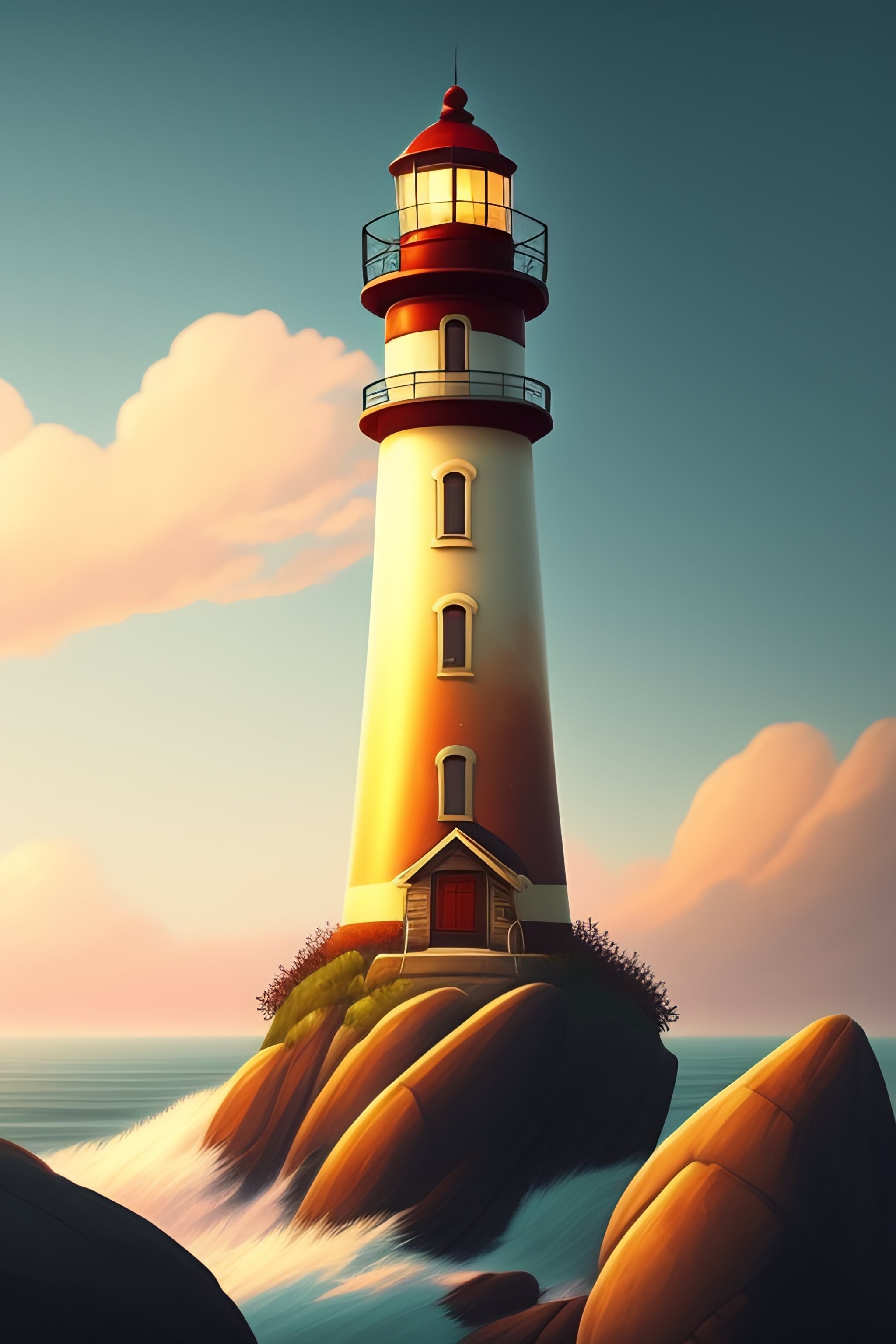Lexica - Beautiful cute cozy lighthouse by the sea, golden warm light ...
