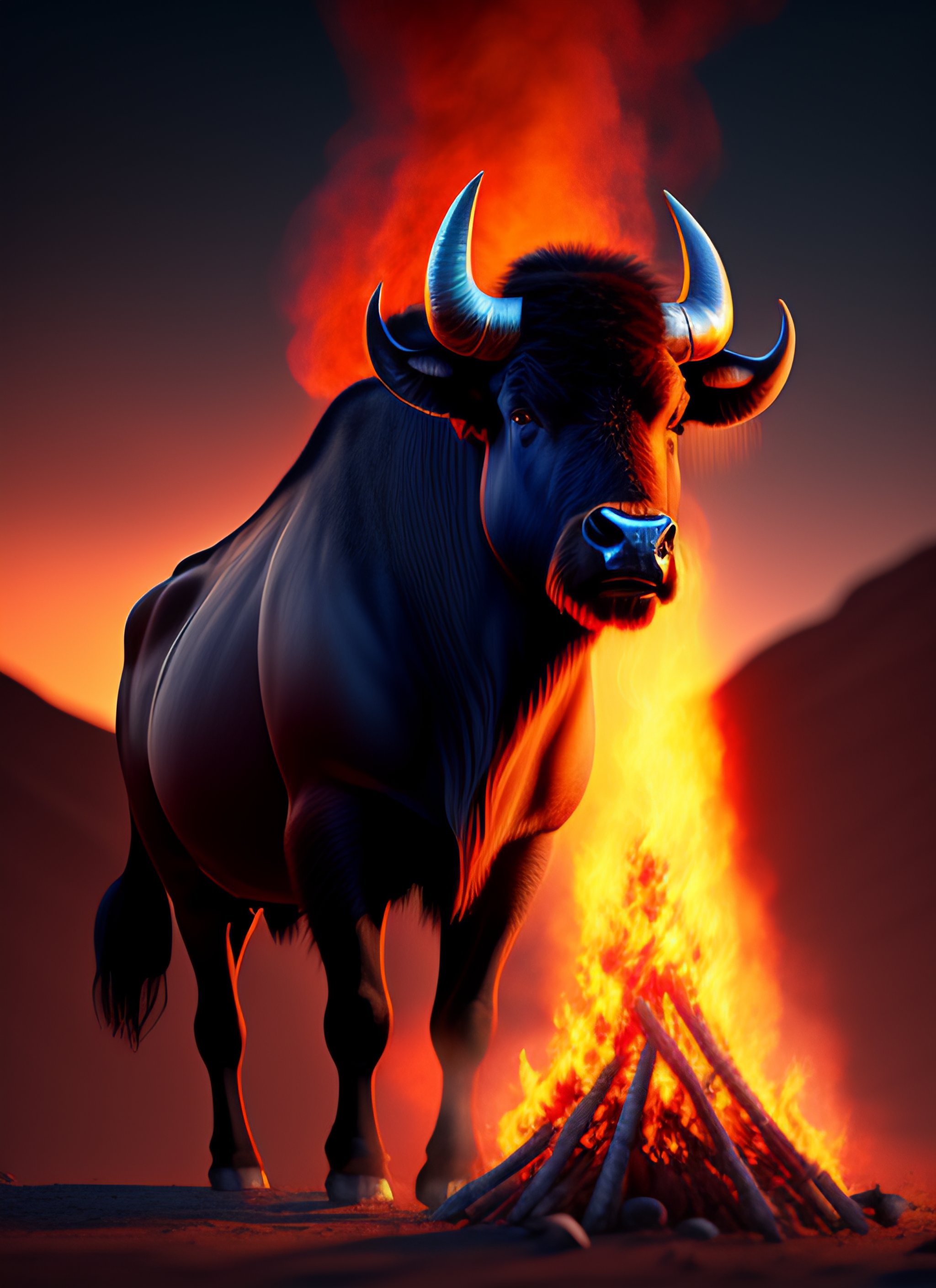 Lexica - The image of a buffalo rises in the flames of a campfire ...