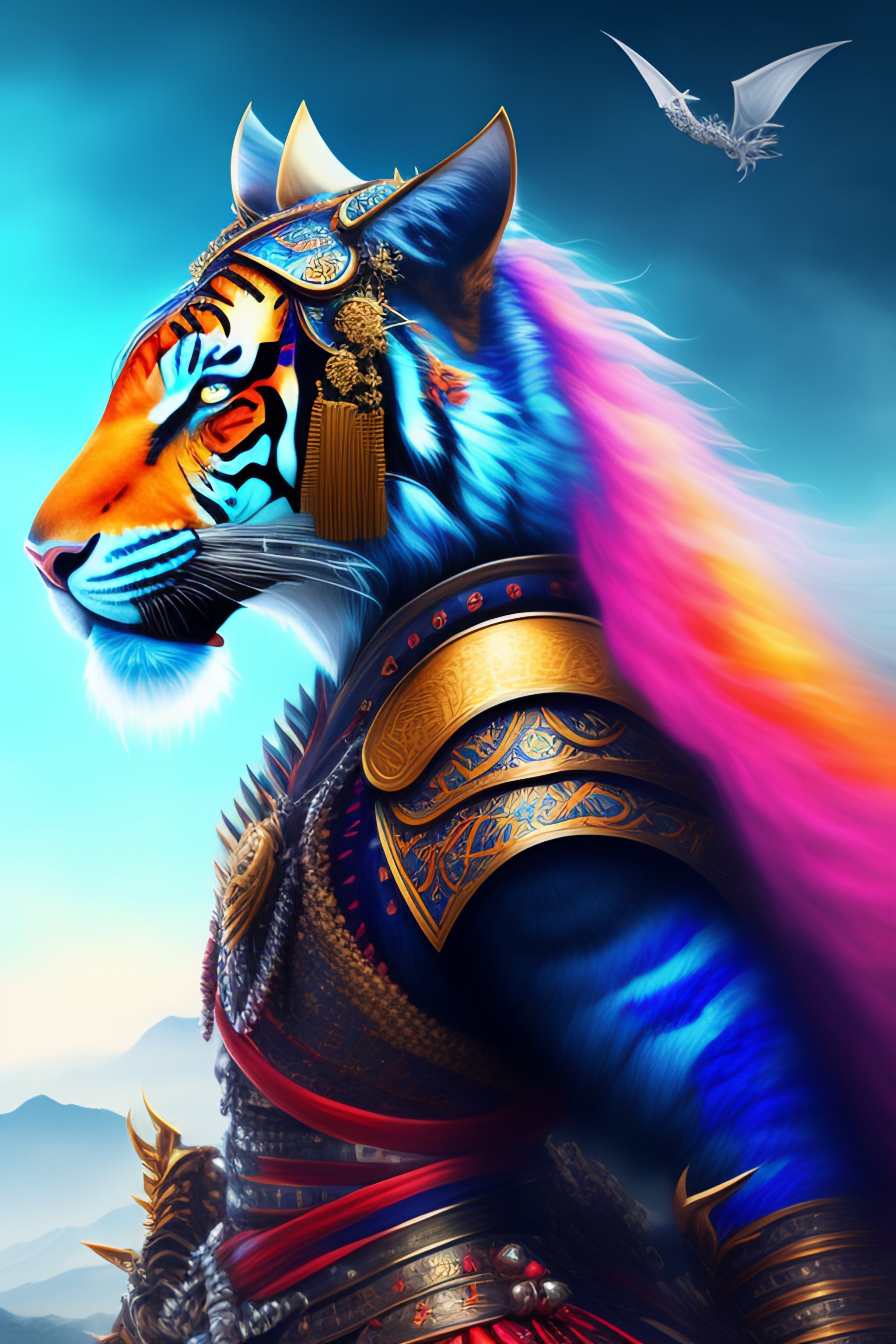 Lexica - Samurai wearing blue tiger amor, dragon flying background