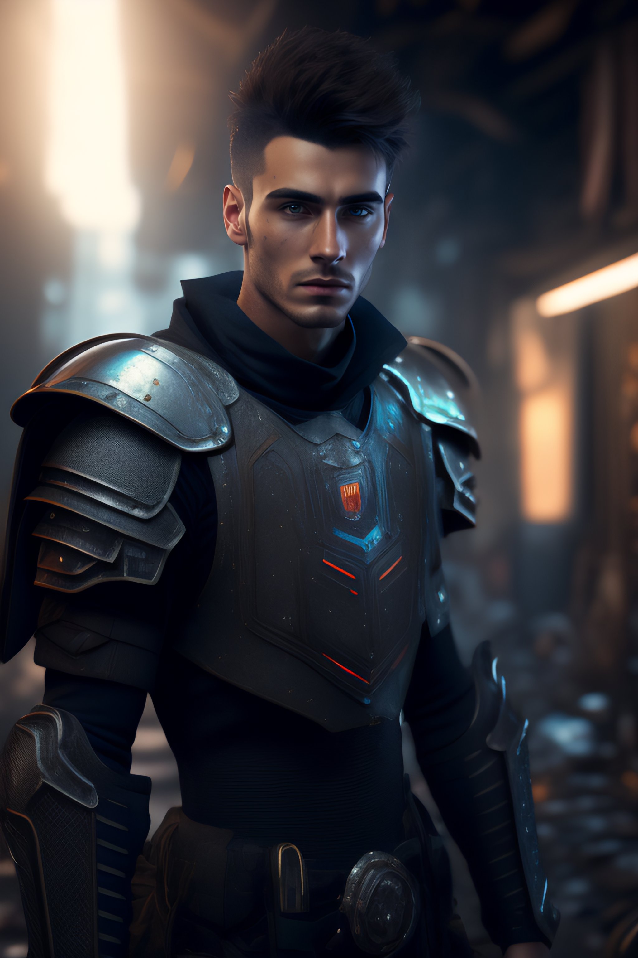 Lexica - A young European guy in an exoskeleton with a weapon dark and ...