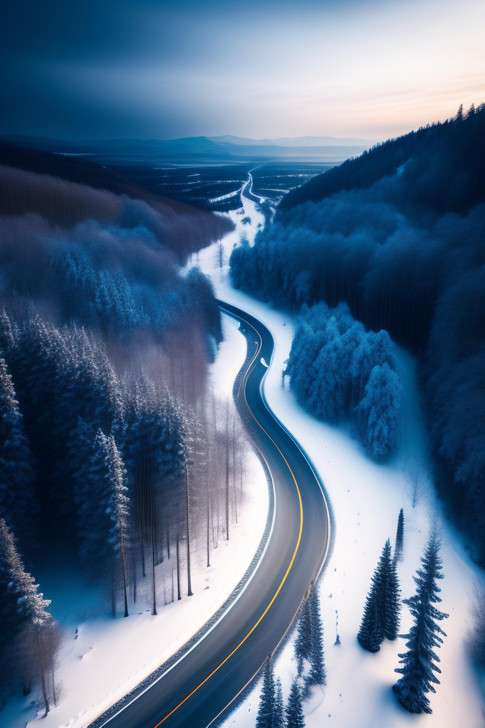 Lexica - Wavy road through a snowy forest. It snows, it's December ...