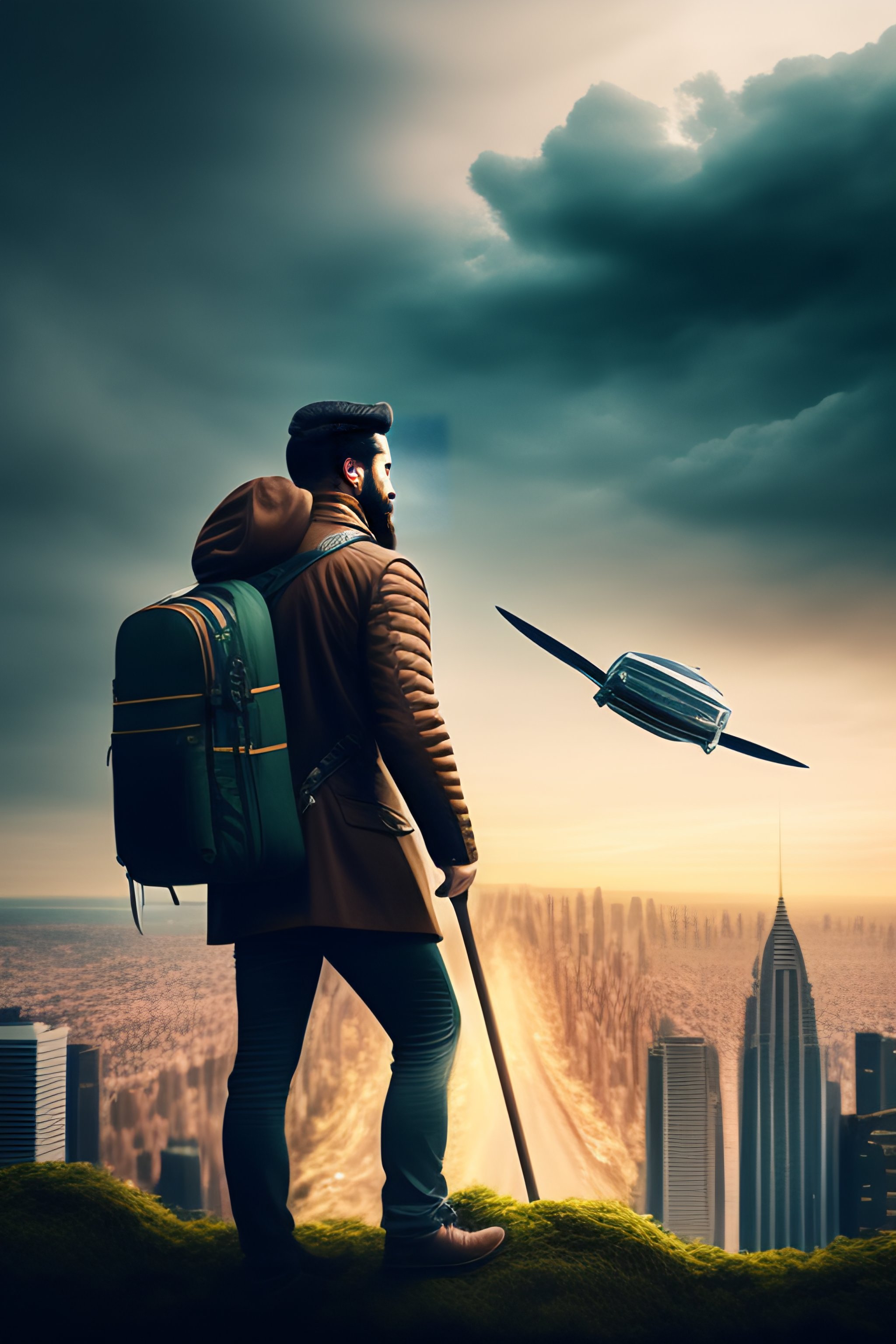 Lexica - Man riding a broomstick over the city flying