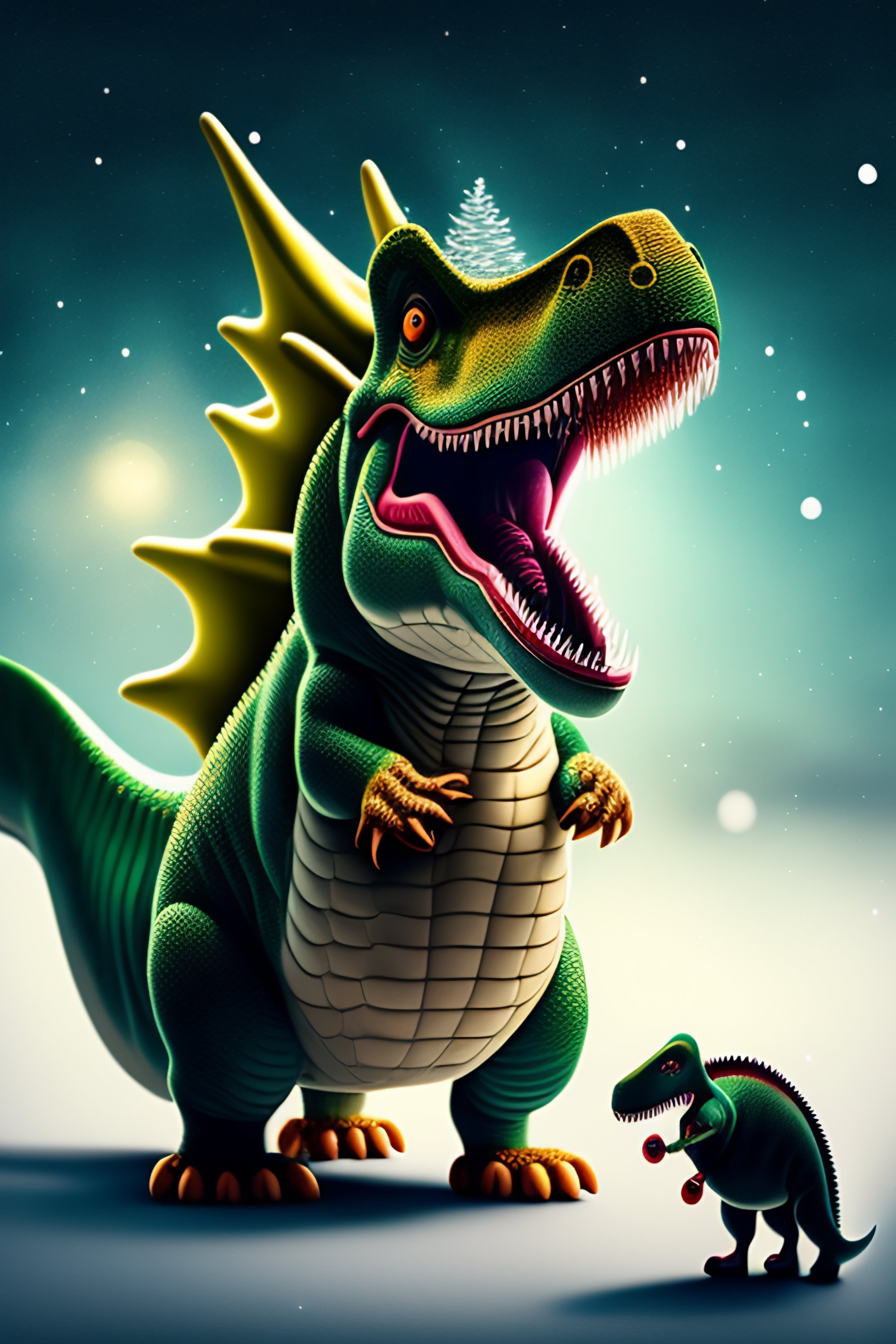 Lexica - Dinosaur ripping apart a christmas tree