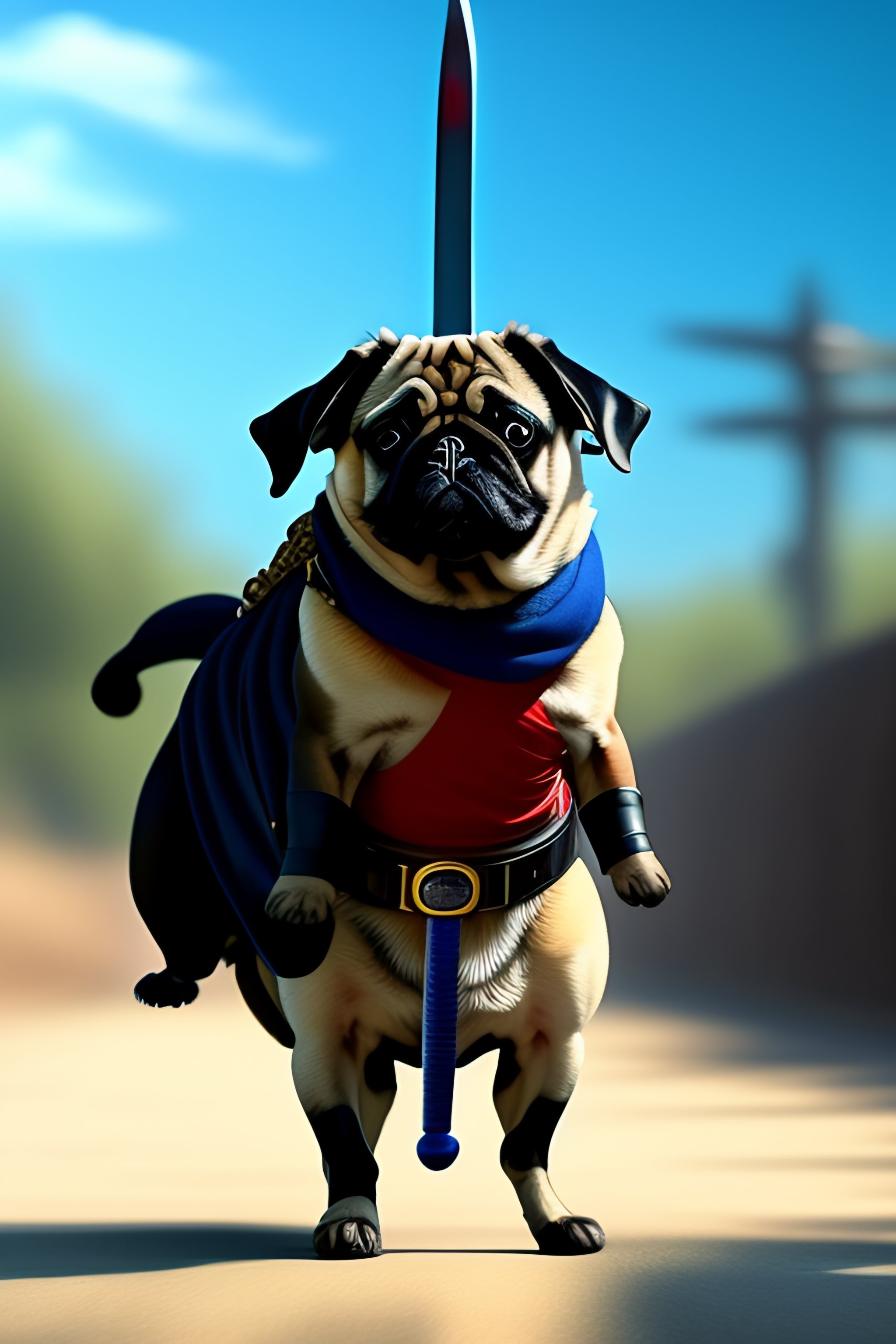 Lexica - Pug standing on two legs wielding a massive sword. akira style.