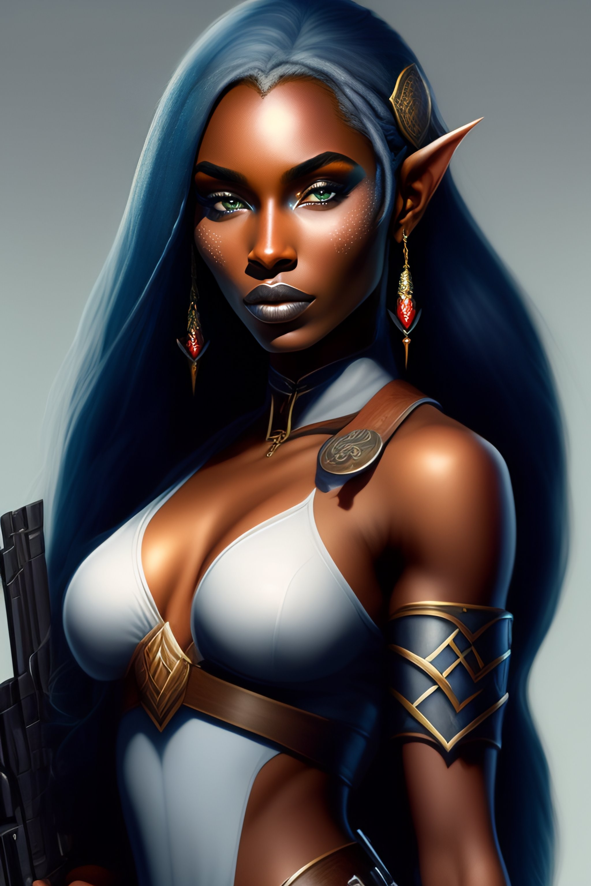 Lexica - Drow Elf woman with Dusky complexion and white hair, holding a rifle.