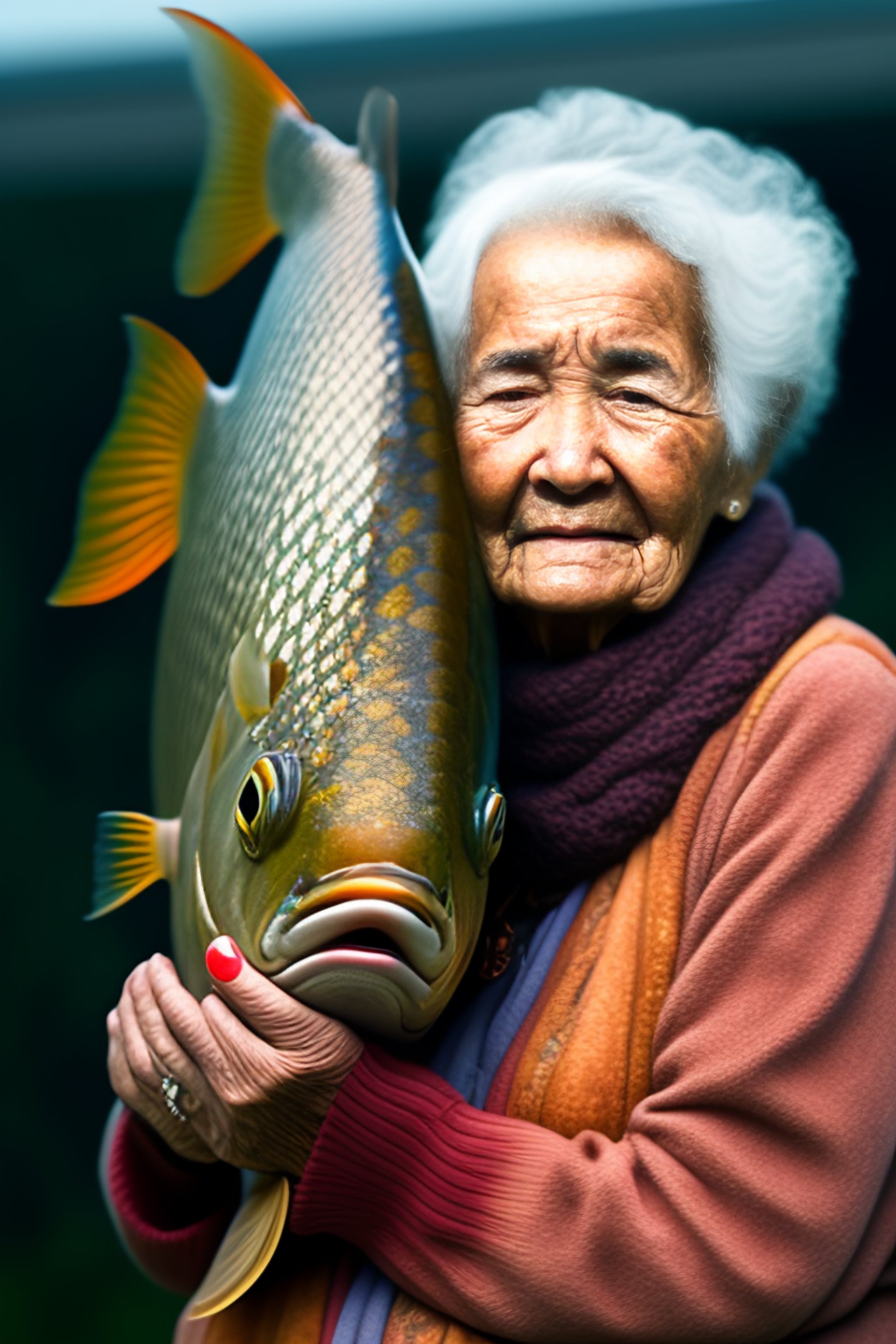 Lexica - Old grandmother hugging own old fish —q 2 —v 4