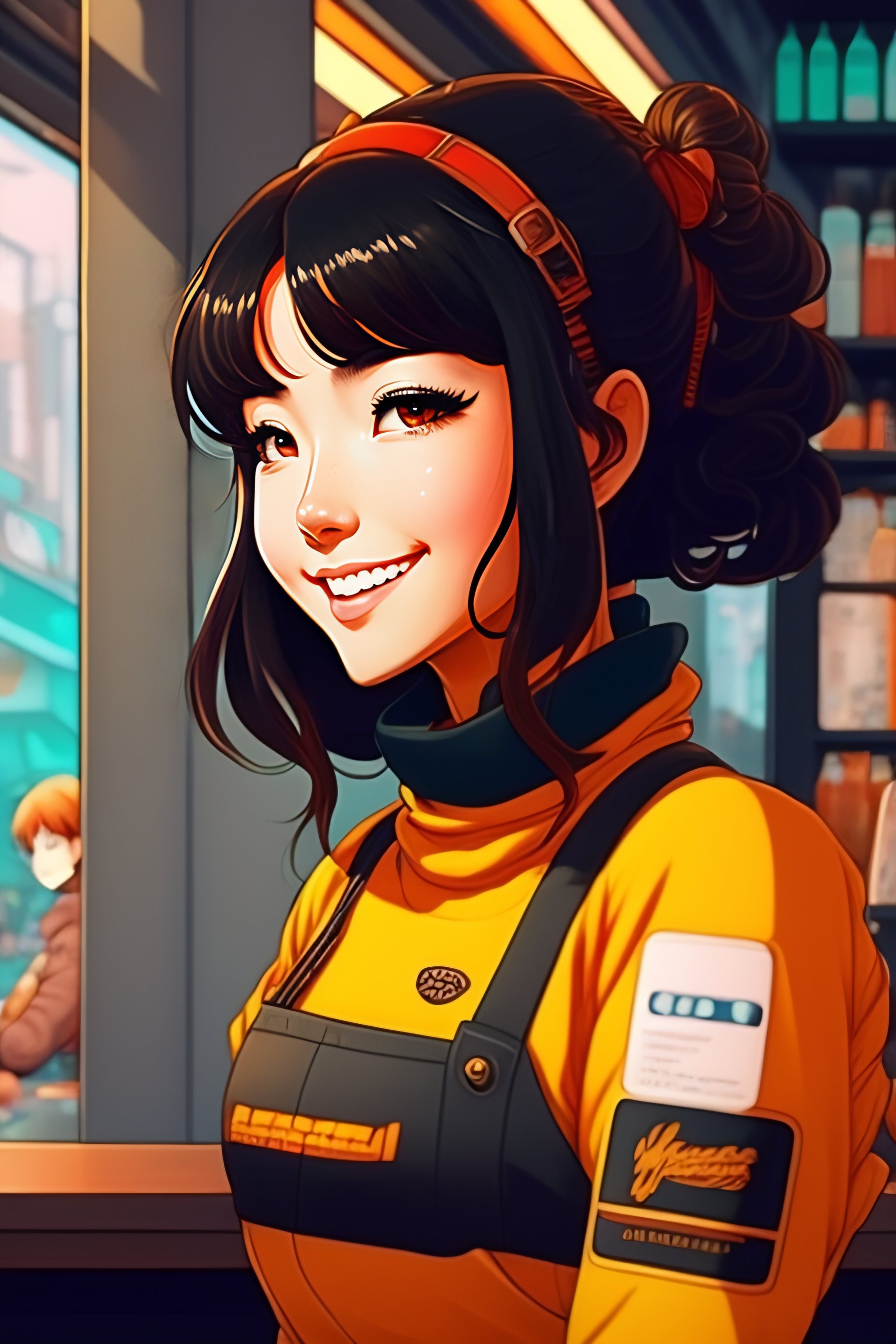 Lexica - Photo of a smiling female reporter at a cafe, brunette, style ...