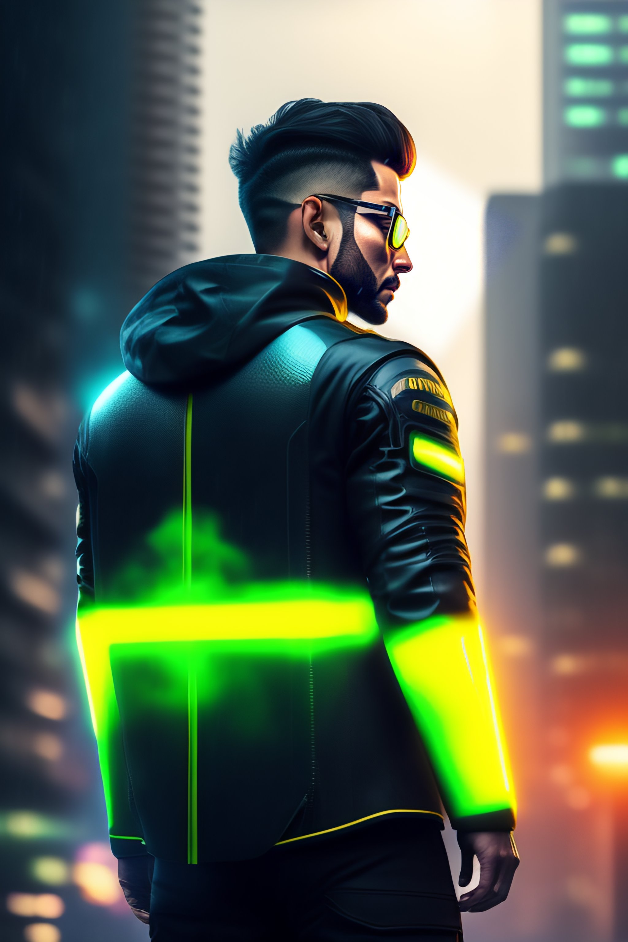Lexica - Man with undercut hair in black tech suit charming with yellow ...