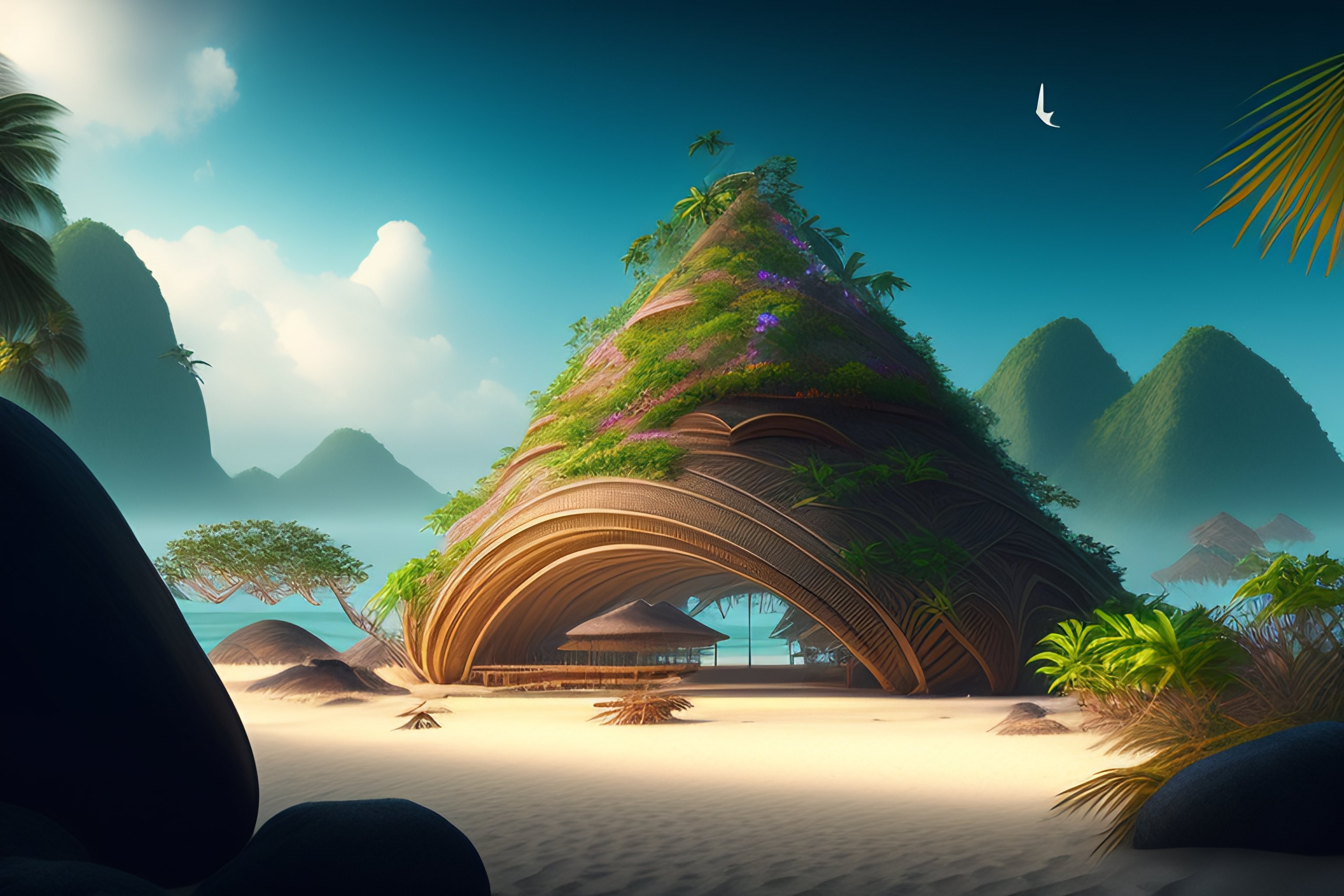 Lexica - Giant elven amerindian hut bamboo on tropical island beach ...