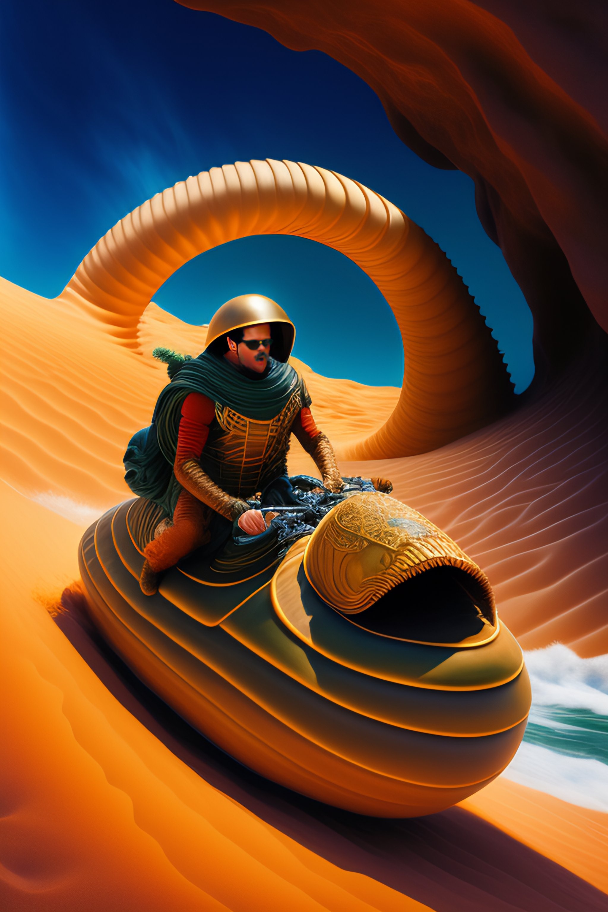 Lexica - Paul atreides riding a sandworm in the impressionist style