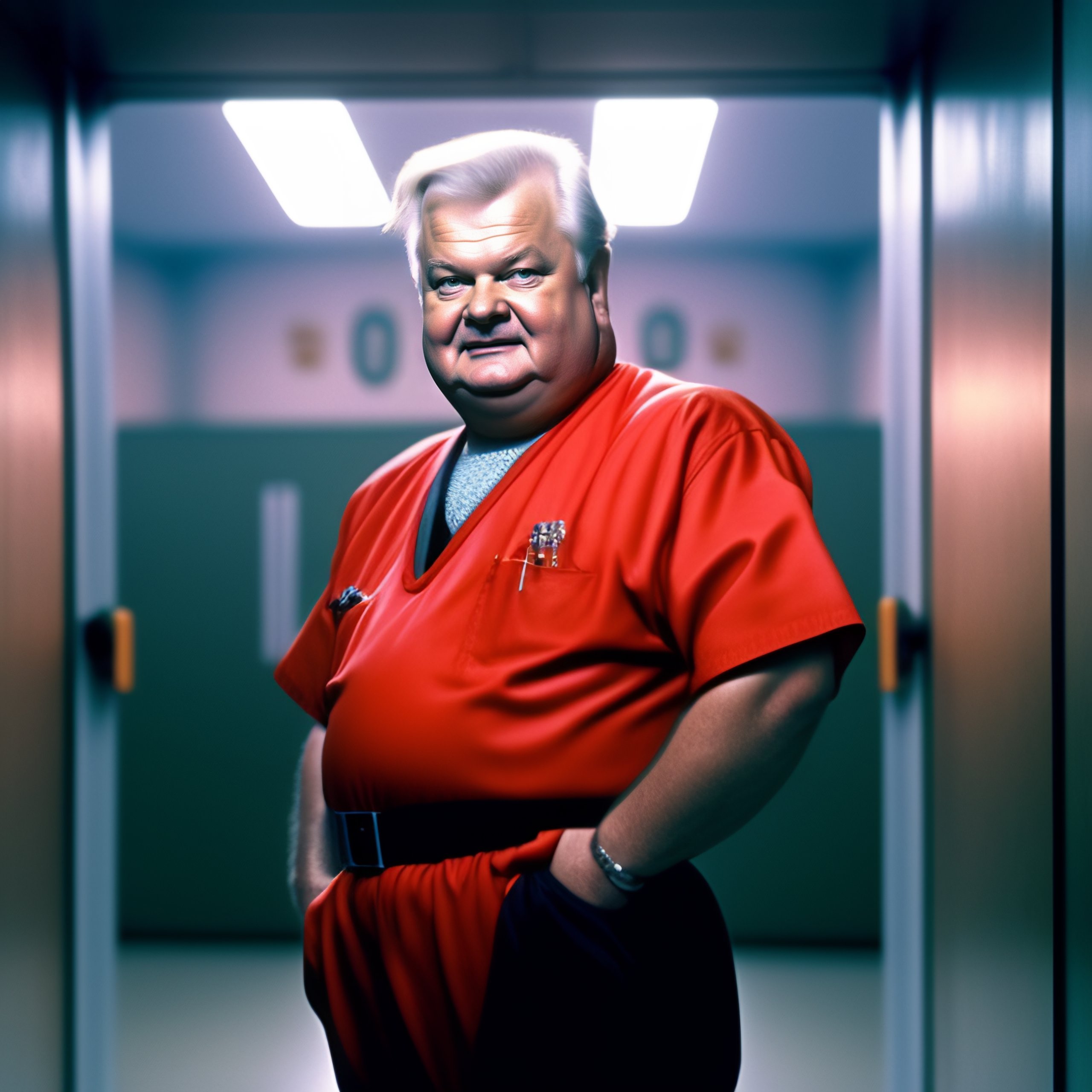 Lexica - Full body shot of benny hill as an inmate prisoner in jail, 2022