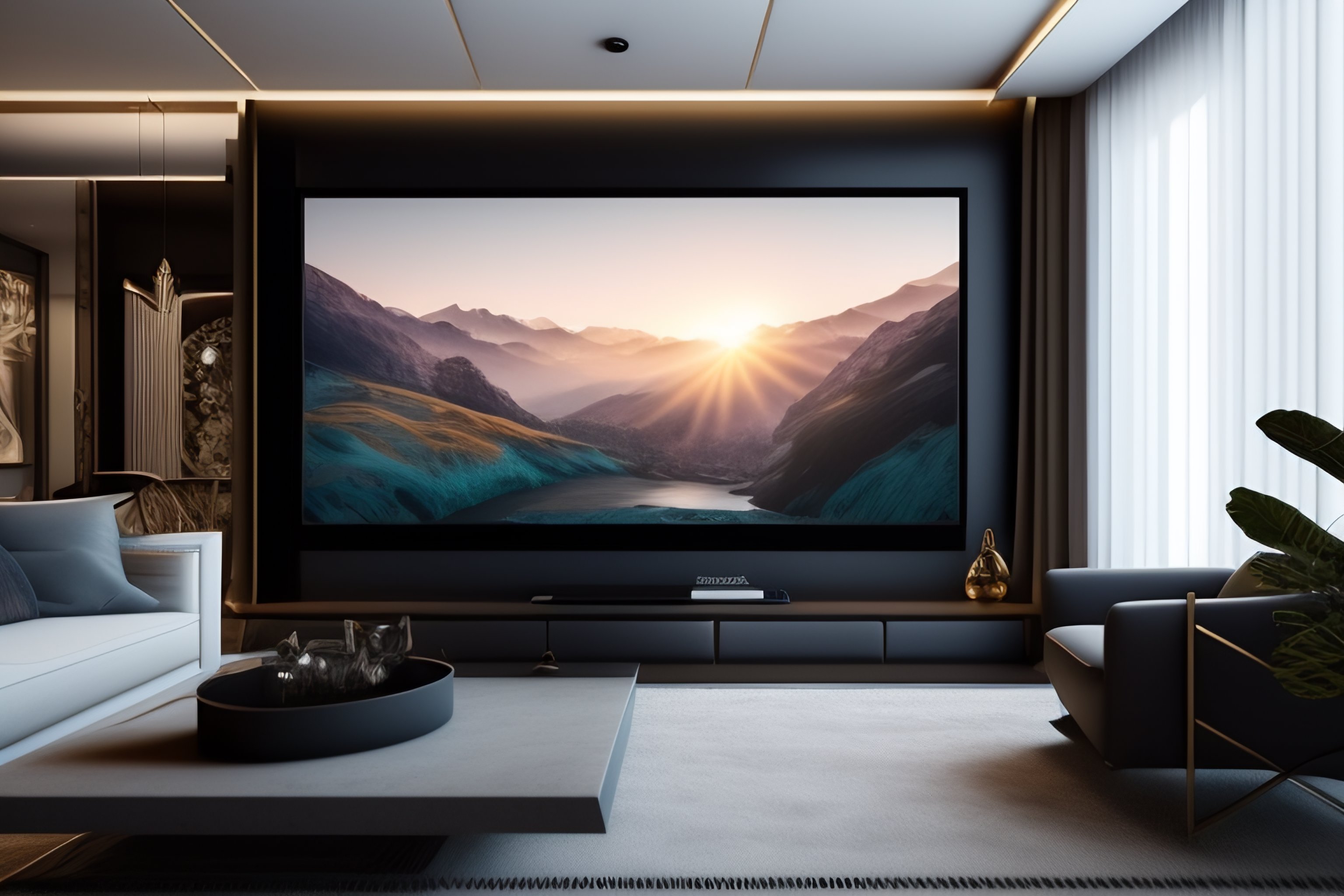Lexica - A big screen hanging from the ceiling of a design living room