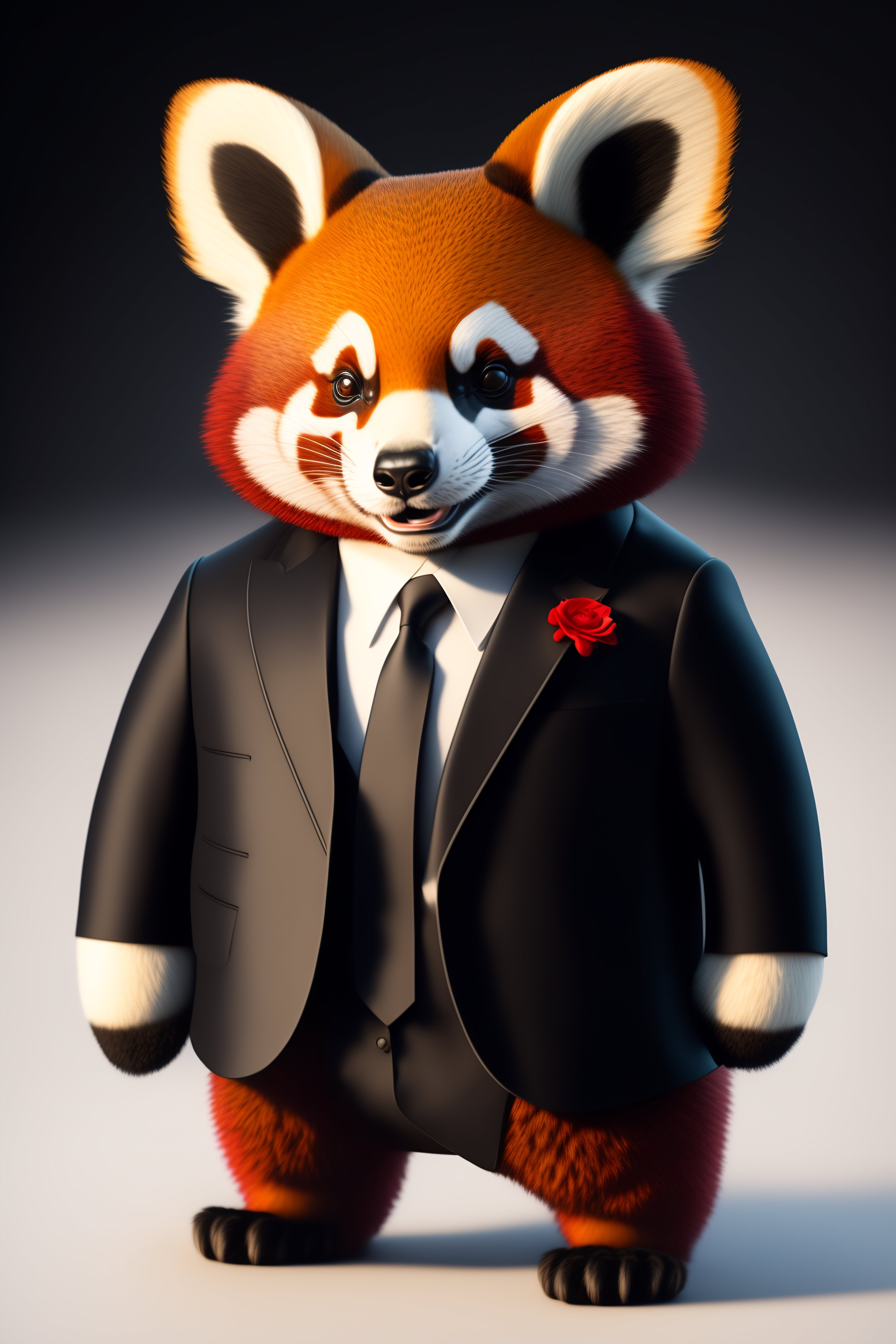 Lexica - Anthropomorphic red panda in a bodyguard black suit, smiling face