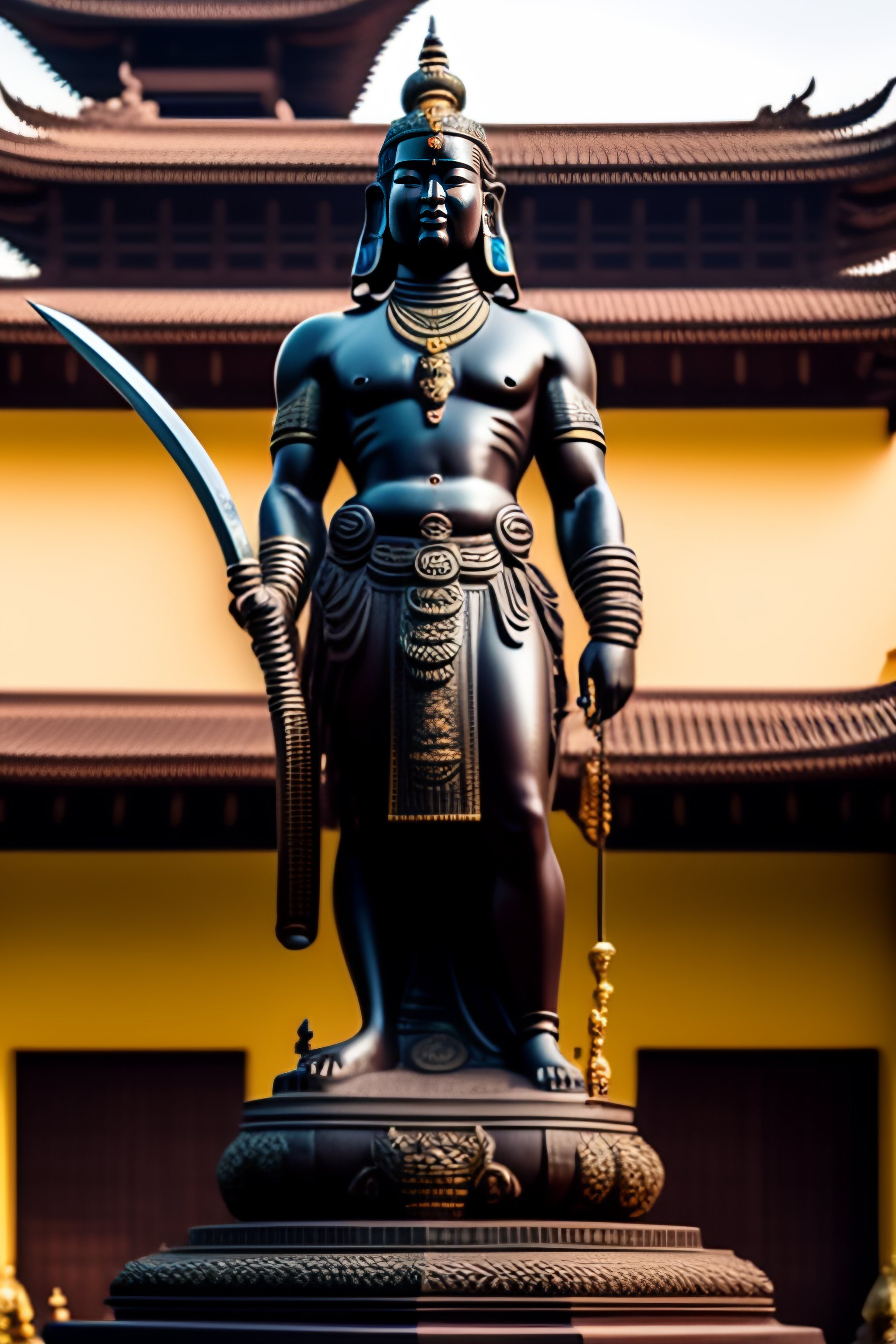 Lexica - Old Iron statue of gajah mada holding a sword in the temple