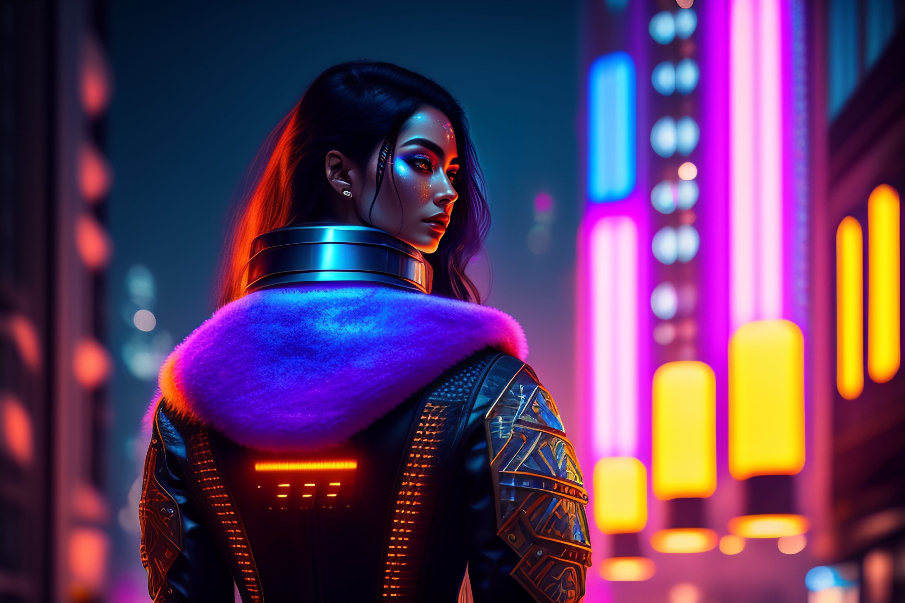 Lexica - Beautiful sci-fi girl from future wearing furry coat pink blue ...