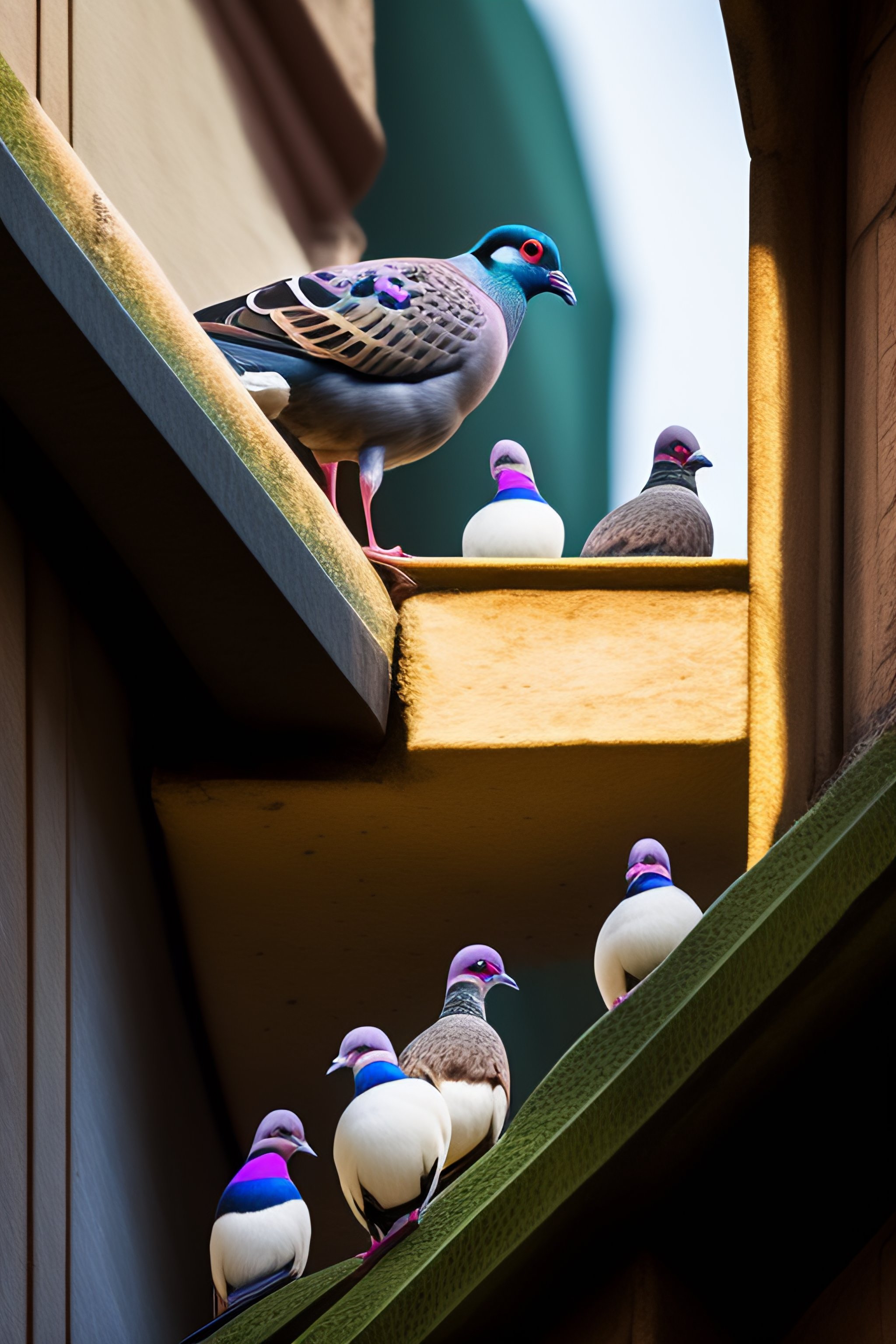 Lexica - Eight pigeon family live in the wall of high building, modern city
