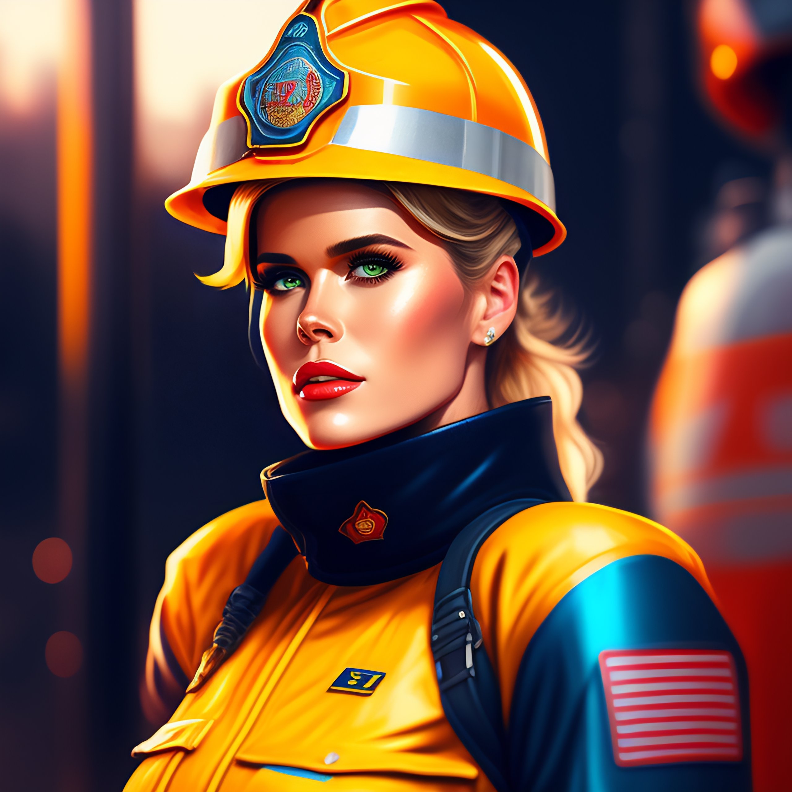 Lexica - Alice eve as firefighter cyborg ,style of Jason Brooks, studio ...