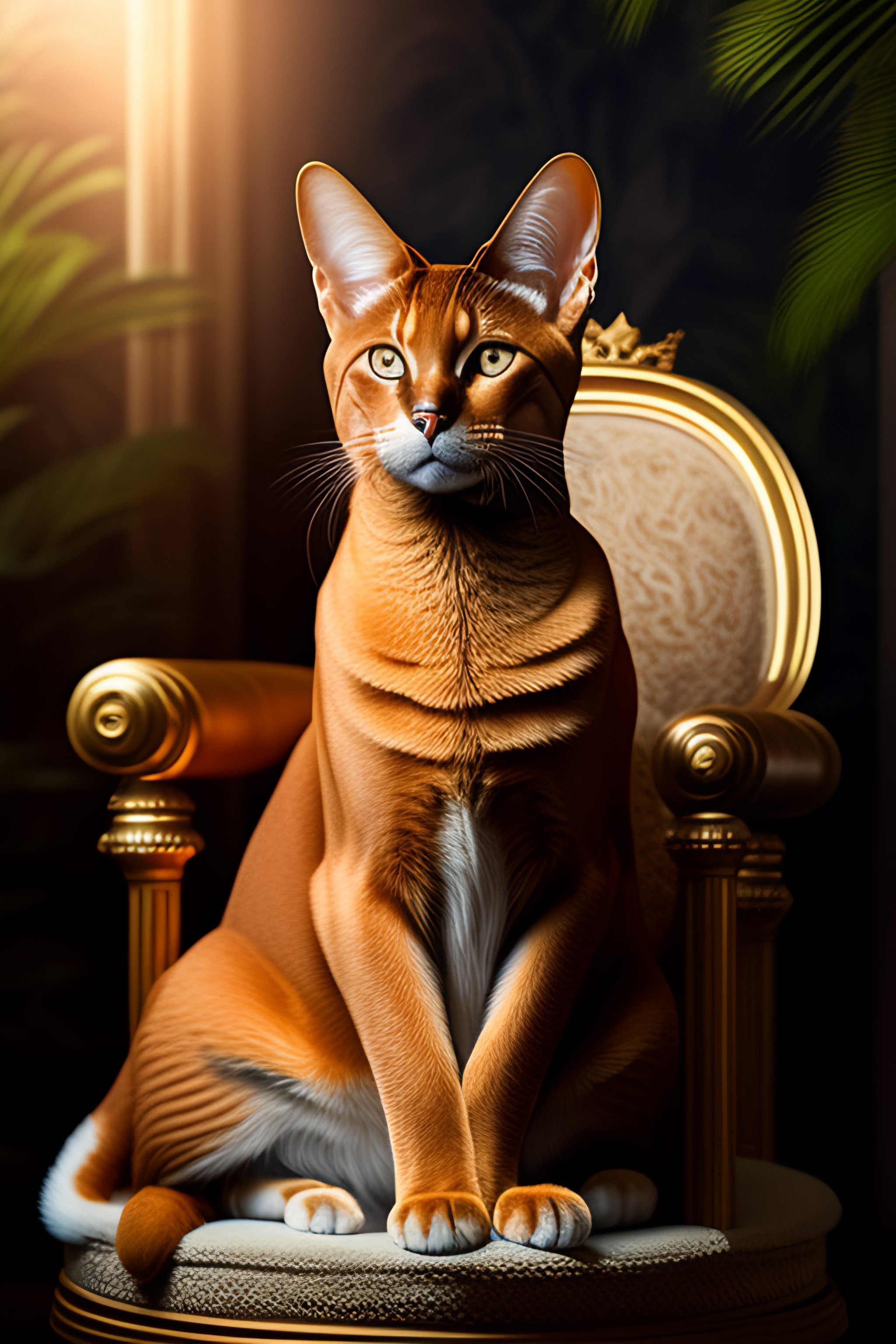 Lexica - King Abyssinian cat sitting on throne, with crown, in jungle