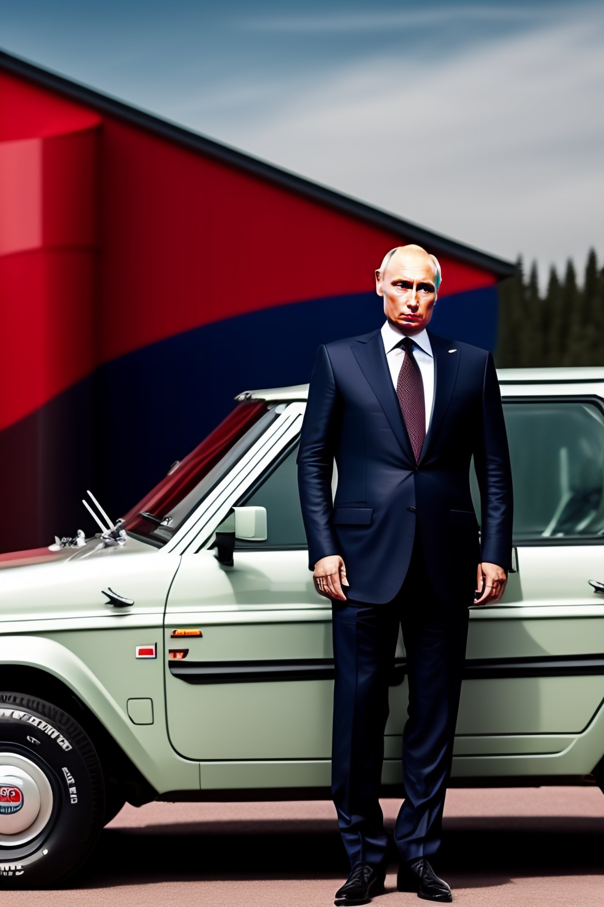 Lexica - Russian President Putin, proud,standing behind a red Lada Niva