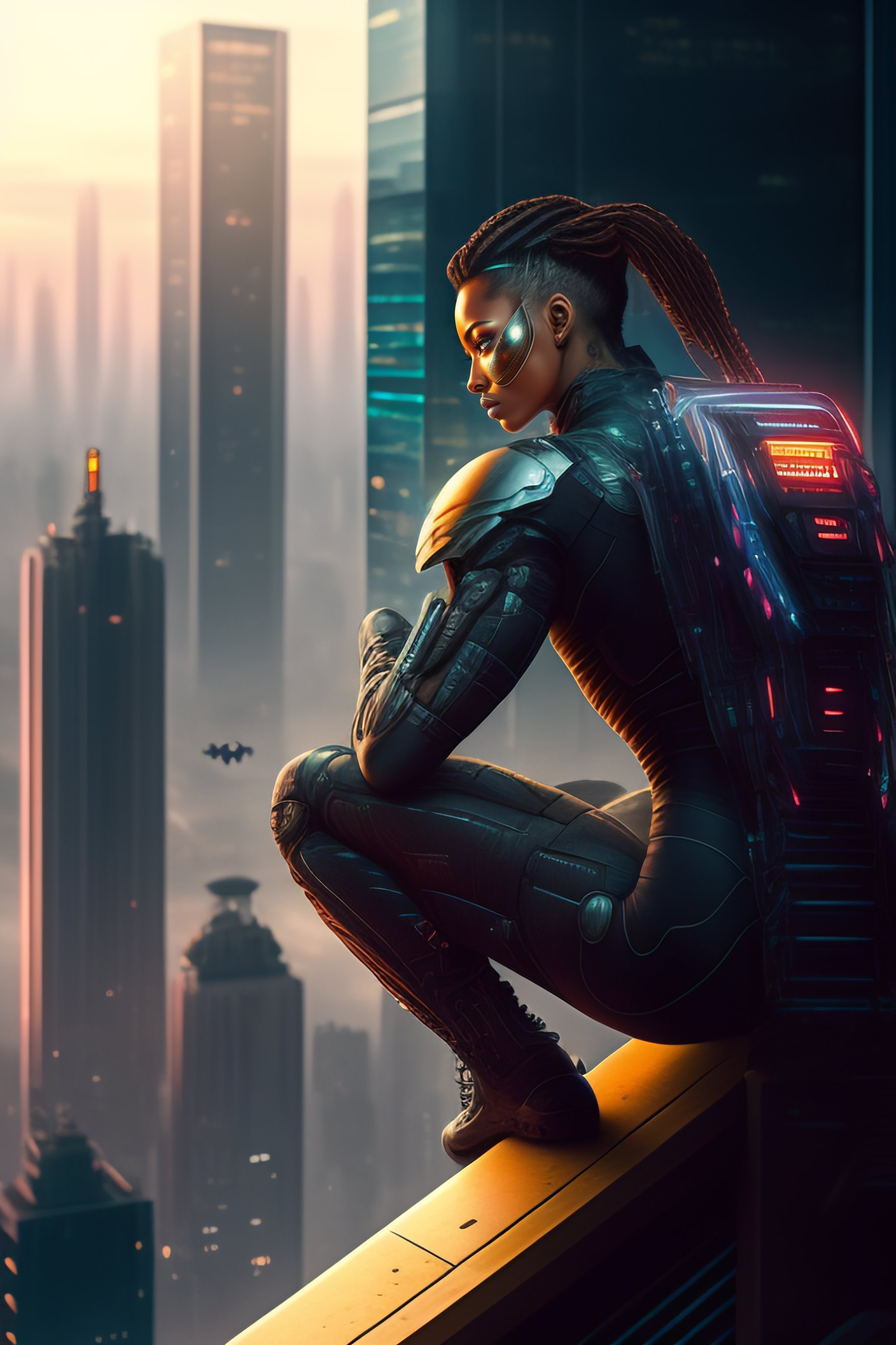 Lexica - Cyborg cyberpunk sitting on a roof looking down at a city ...
