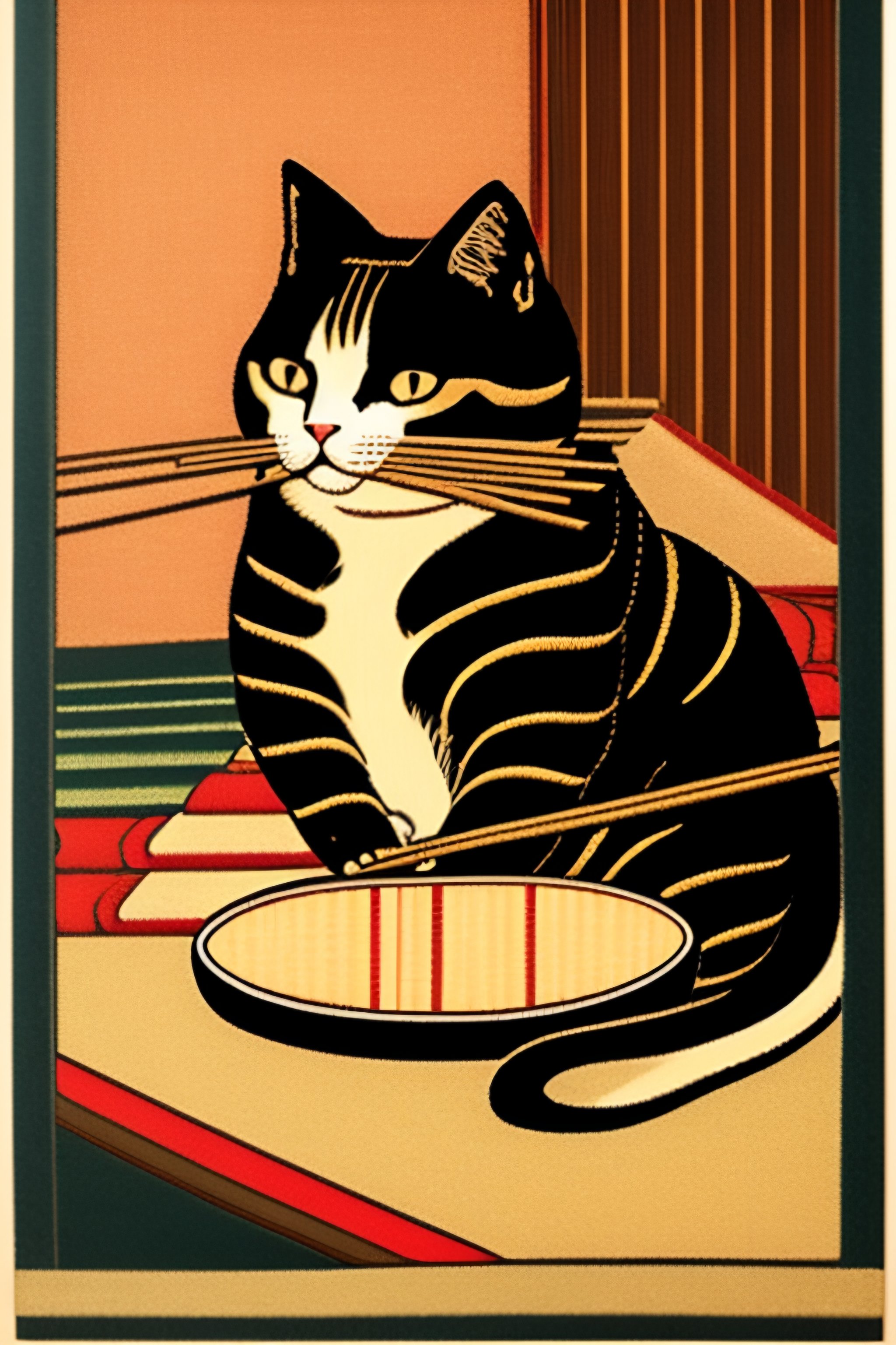 Lexica - Japanese woodcut of a cat eating noodles with chopsticks in a ...