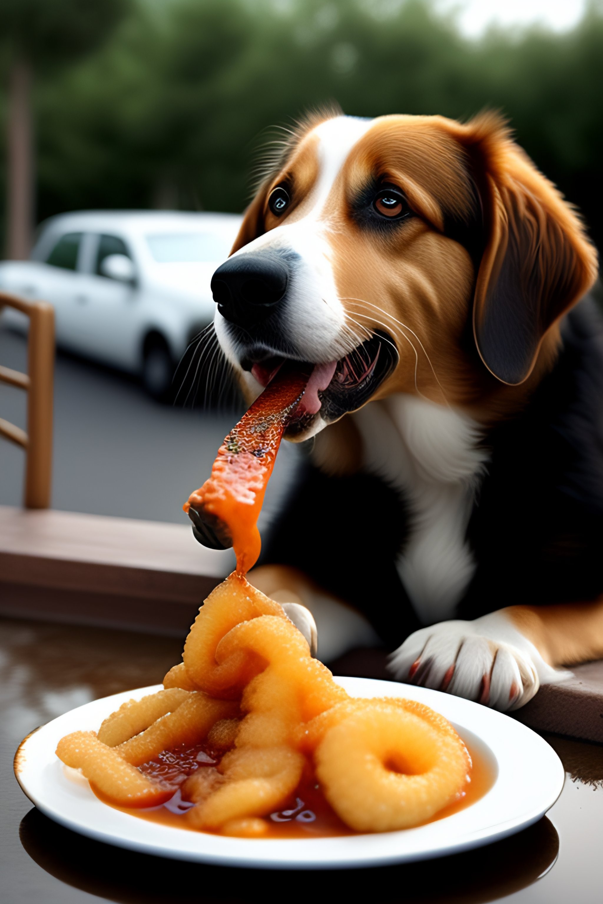 Lexica - Perro comiendo calamares