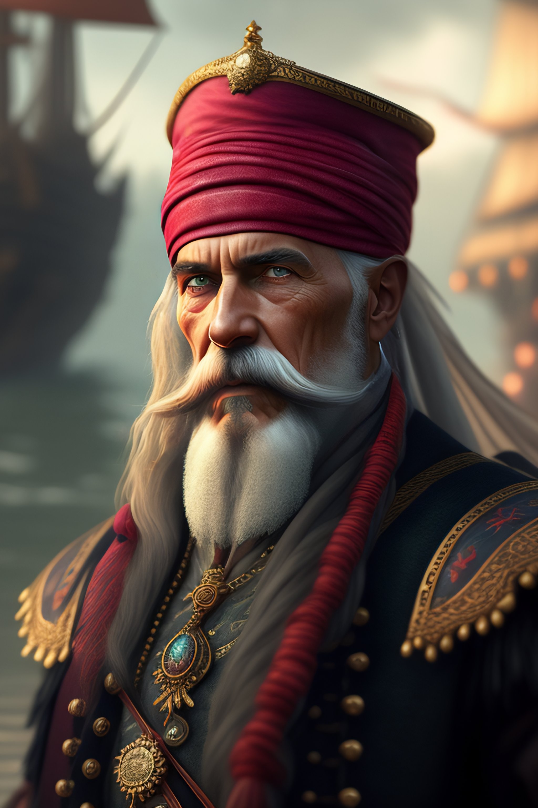 Lexica - Old pirate in colorfull clothes, veil, old male, grey ...