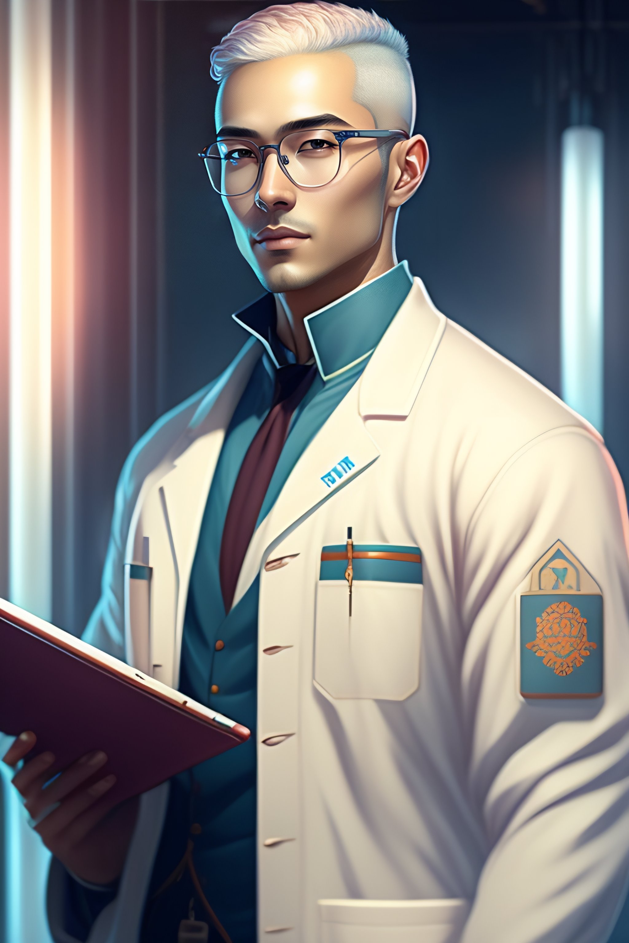Lexica - Beautiful anime shaved head man, wearing lab coat and glasses ...